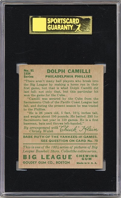 1934 Goudey #91 Dolph Camilli - SGC MINT 96 | REA Archive