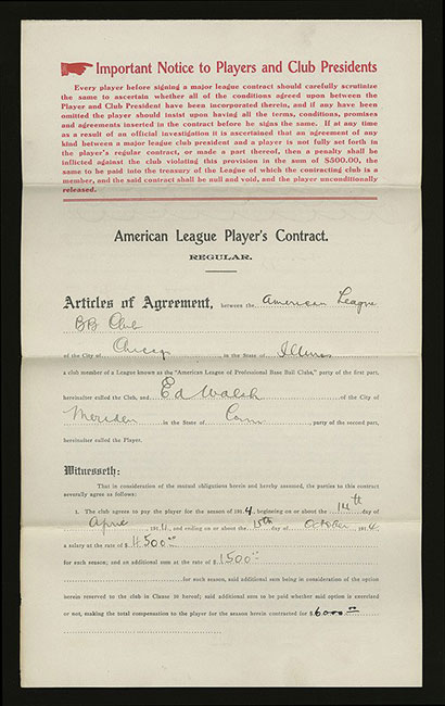 1914 Ed Walsh Signed Chicago White Sox Contract - Also Signed by ...