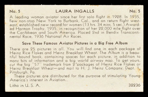 1936 Heinz "Famous Aviators" #5 Laura Ingalls - Important Rarity! | REA ...