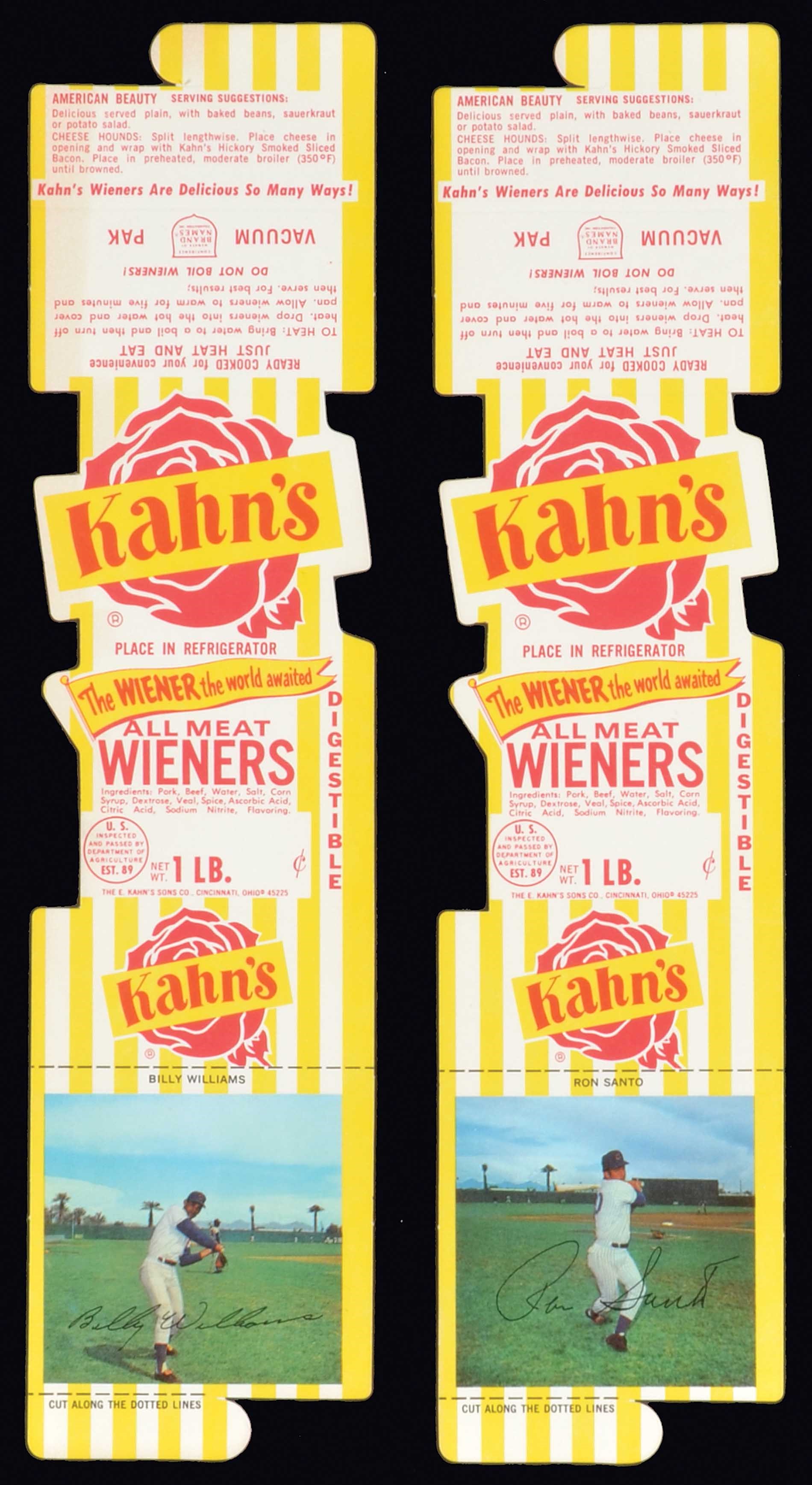 1968 Kahn's Wieners Chicago Cubs Hall of Famers Ron Santo and Billy ...