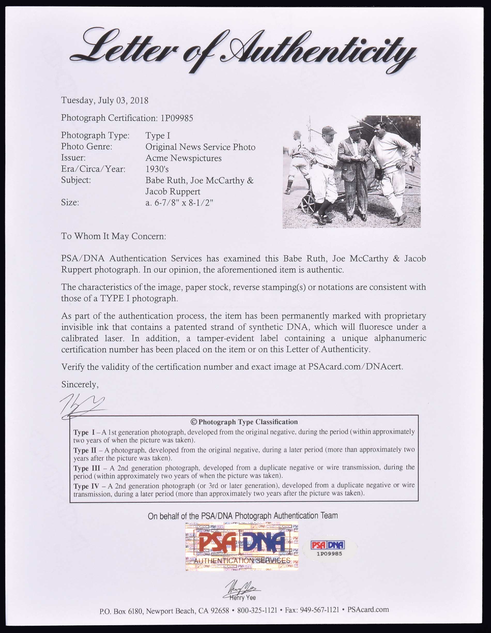 Circa 1930s Babe Ruth, Joe McCarthy, and Jacob Ruppert Original ...