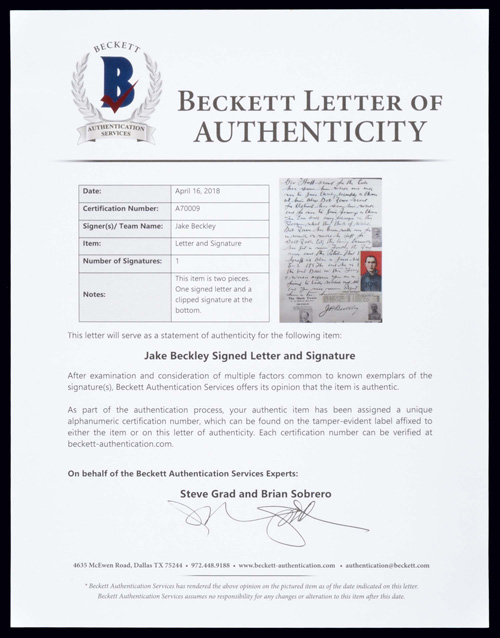 Rare Jake Beckley Handwritten Letter and Signature Example - Full JSA ...