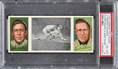 1912 T202 Hassan Triple Folder "Evers Makes A Safe Slide" Joe Tinker/Frank Chance PSA EX-MT 6 ...