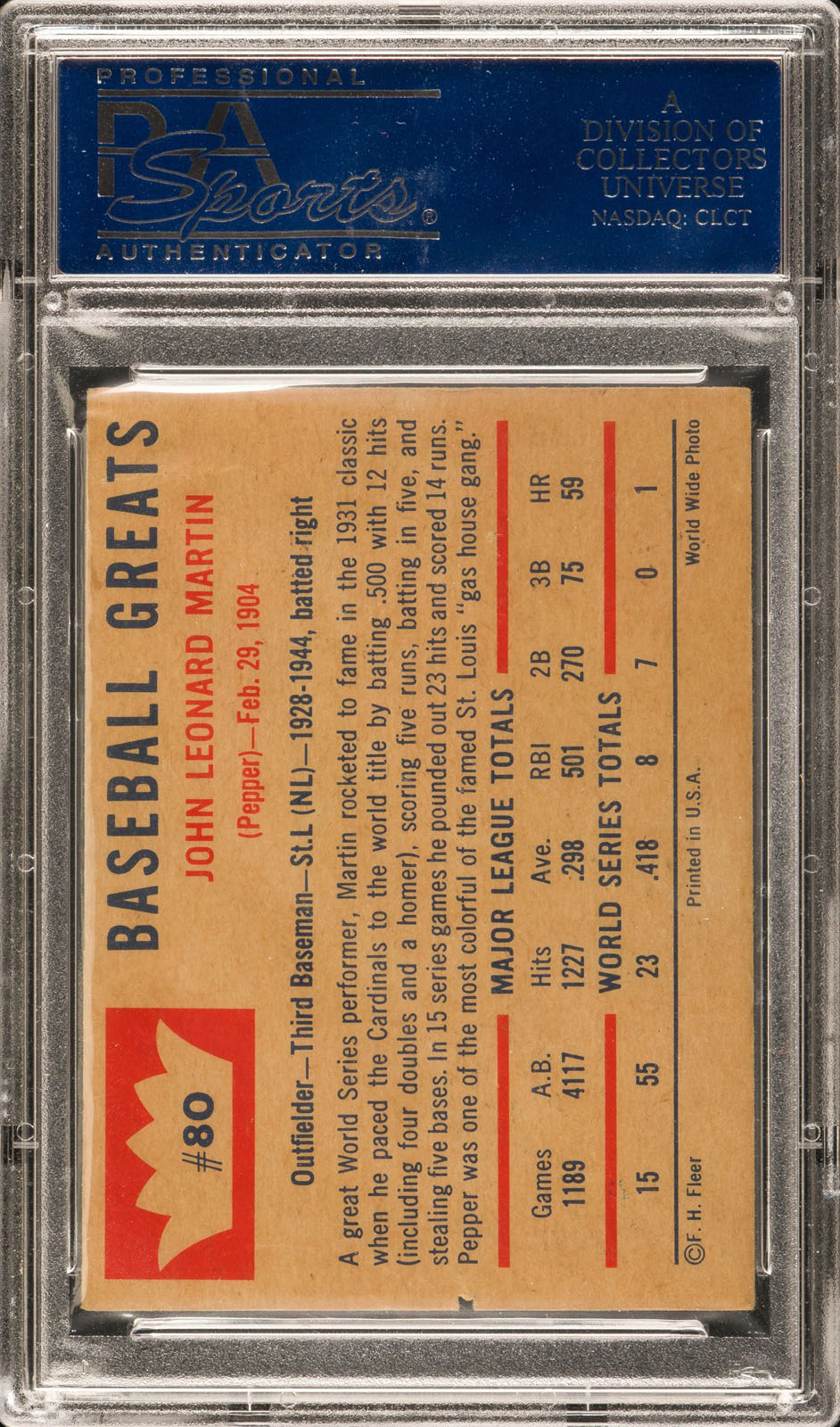 Extremely Rare 1960 Fleer #80 Eddie Collins with Pepper Martin Back ...