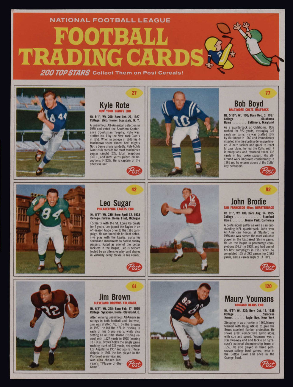 1962 Post Cereal Football Uncut 6-Card Panel Featuring Jim Brown | REA ...