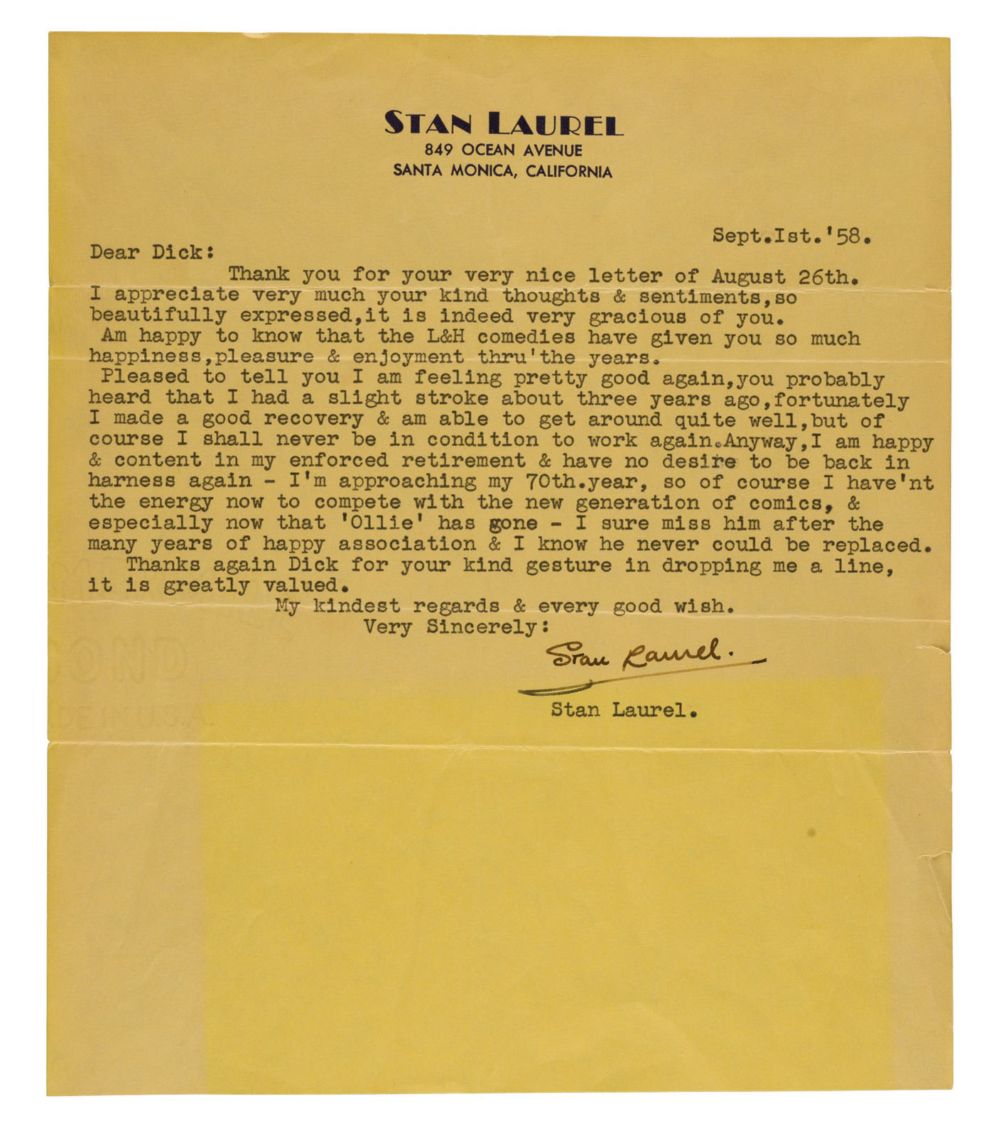 1958 Stan Laurel Signed Letter with Signed Photo | REA Archive