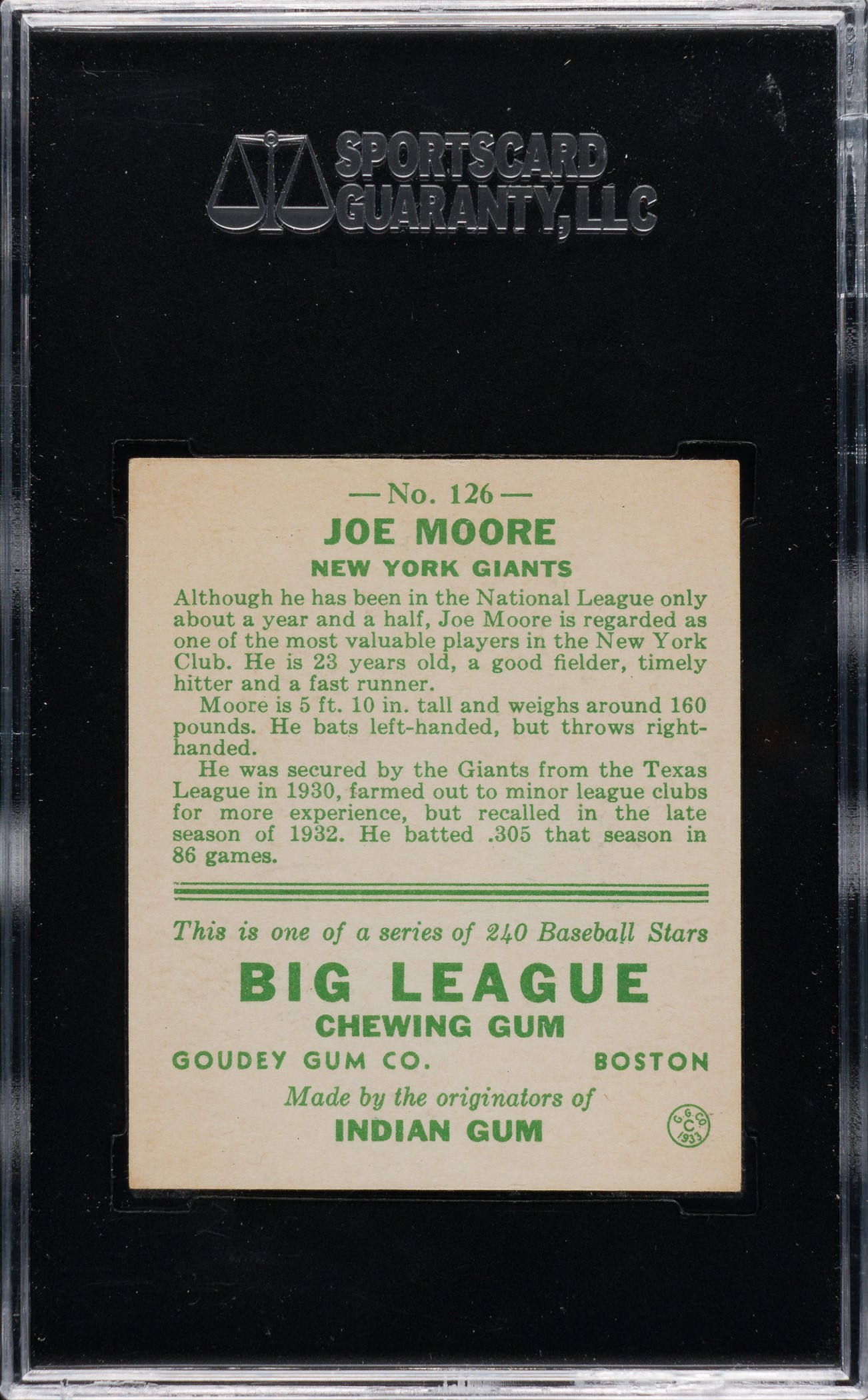 1933 R319 Goudey #126 Joe Moore SGC NM/MT 8 - Highest Graded! | REA Archive