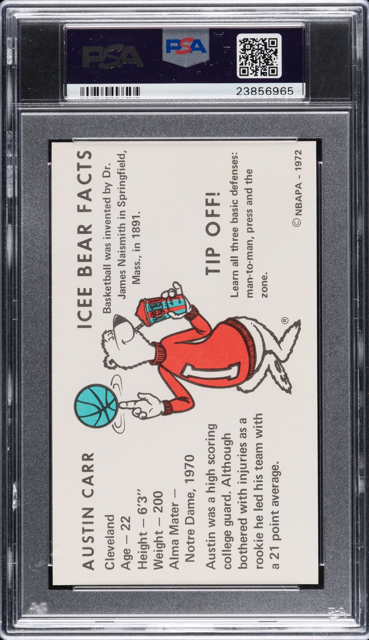 1972-1973 Icee Bear Basketball Austin Carr PSA GEM MINT 10 | REA Archive
