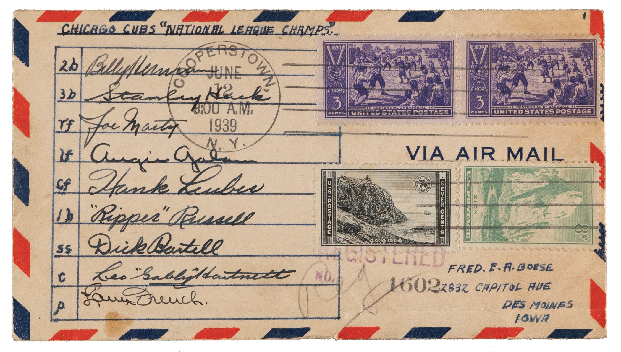 1939 Chicago Cubs National League Champions Team-Signed First Day Cover ...