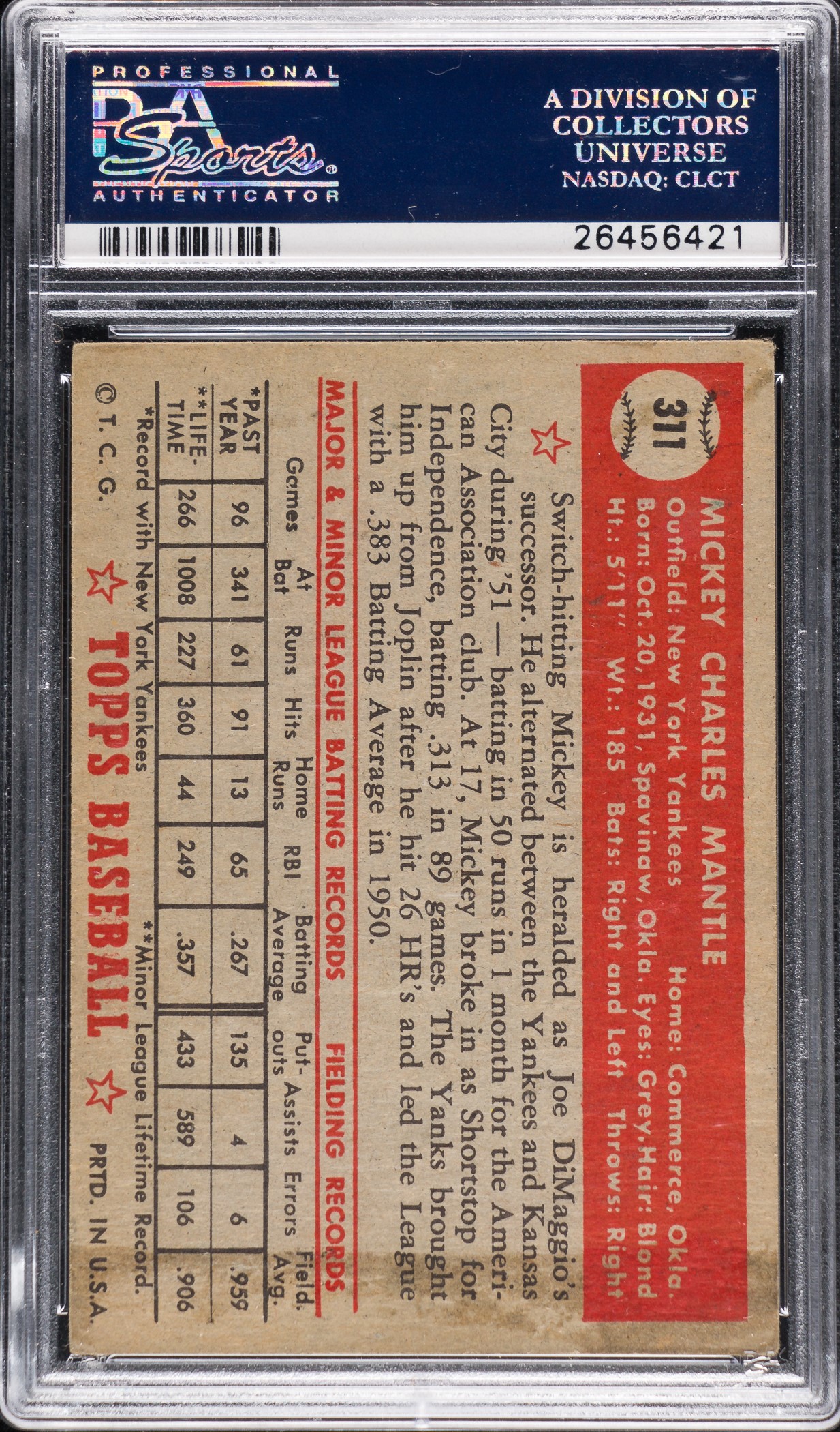 1952 Topps #311 Mickey Mantle PSA GOOD+ 2.5 | REA Archive