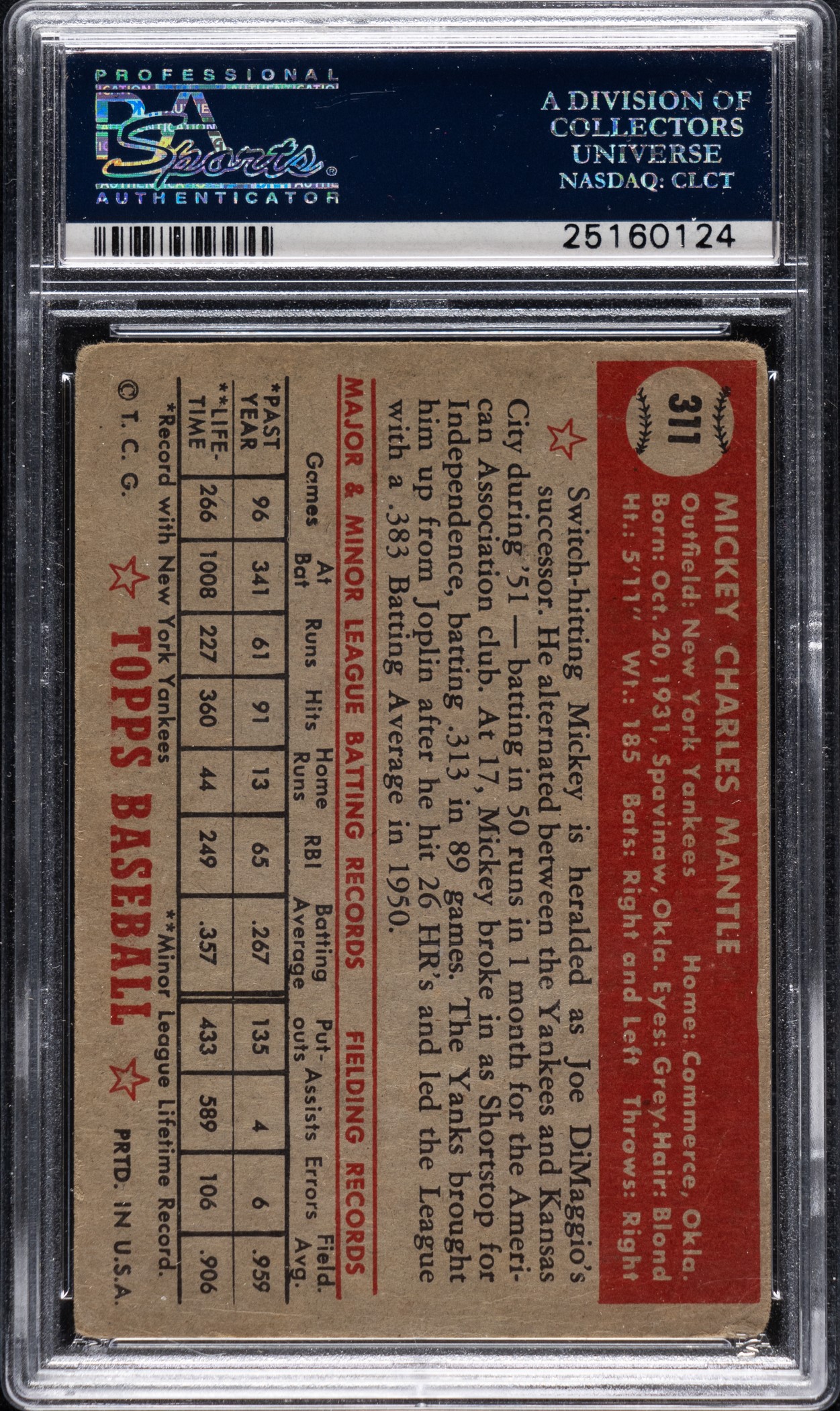 1952 Topps #311 Mickey Mantle PSA POOR 1 | REA Archive
