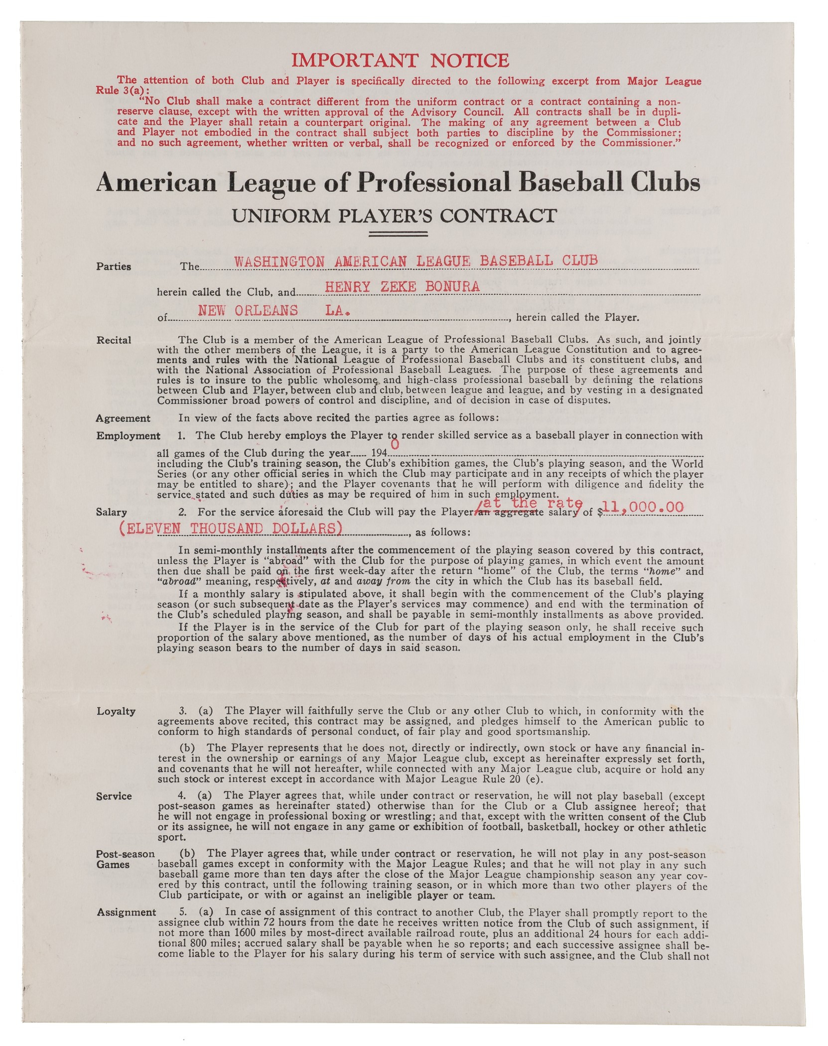 1940 Zeke Bonura Washington Senators Contract - Twice Signed by Clark ...
