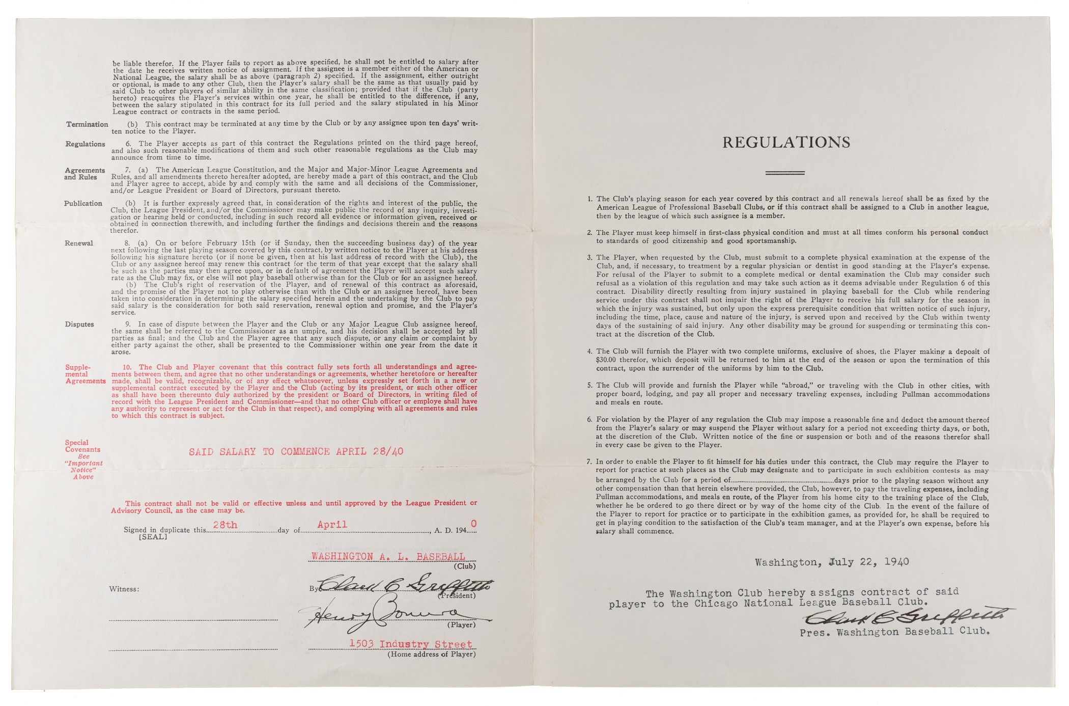 1940 Zeke Bonura Washington Senators Contract - Twice Signed by Clark ...
