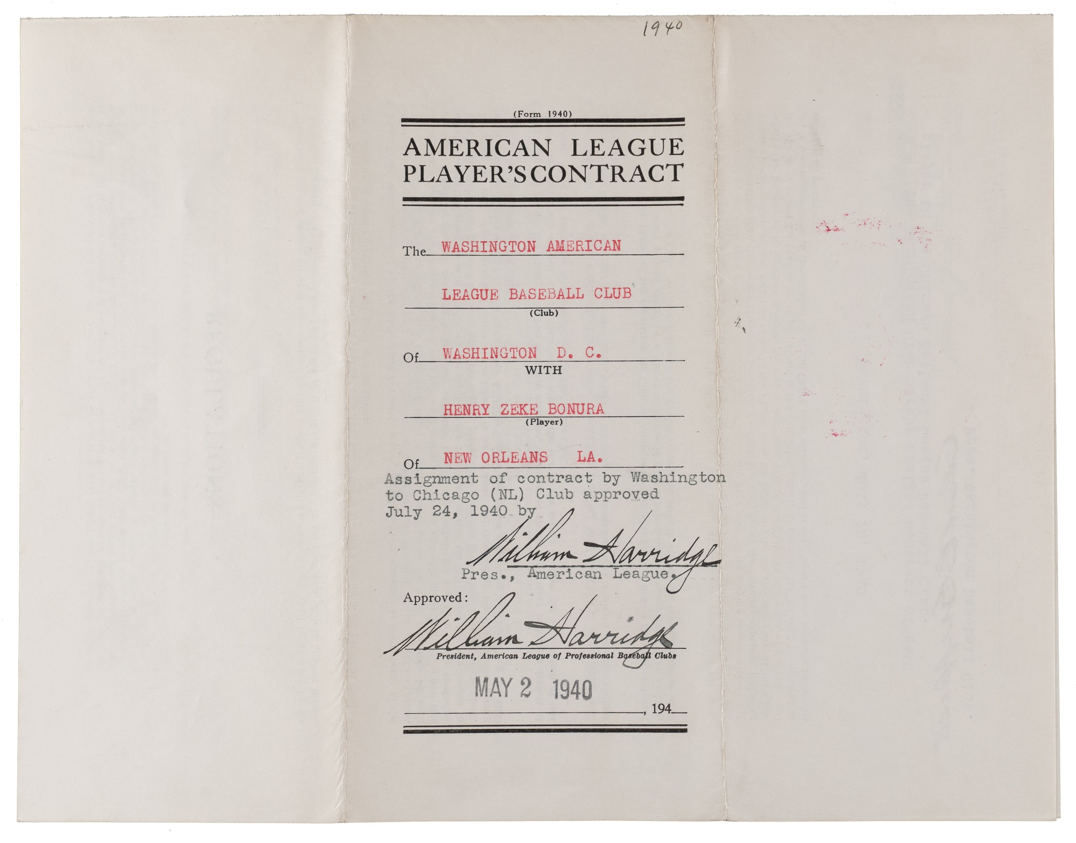 1940 Zeke Bonura Washington Senators Contract - Twice Signed by Clark ...