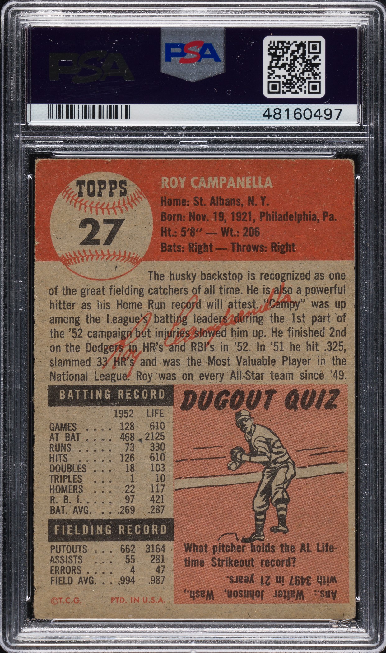 Signed 1953 Topps #27 Roy Campanella - PSA/DNA - Vintage Pre-Accident ...