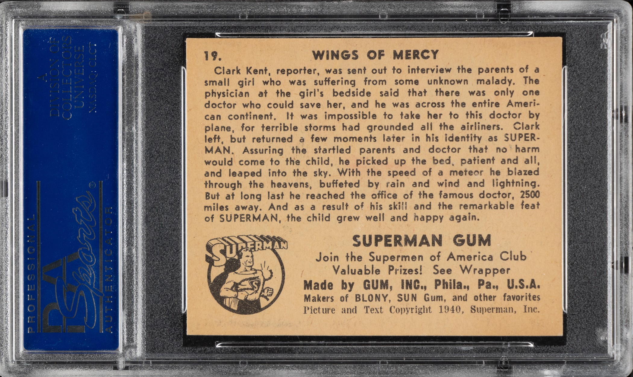 1940 R145 Gum, Inc. "Superman" #19 "Wings of Mercy" PSA NM 7 | REA Archive