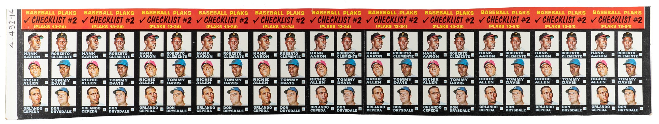 Extraordinary 1968 Topps Plaks Checklist #2 National League Uncut 11-Card Strip Including Aaron ...
