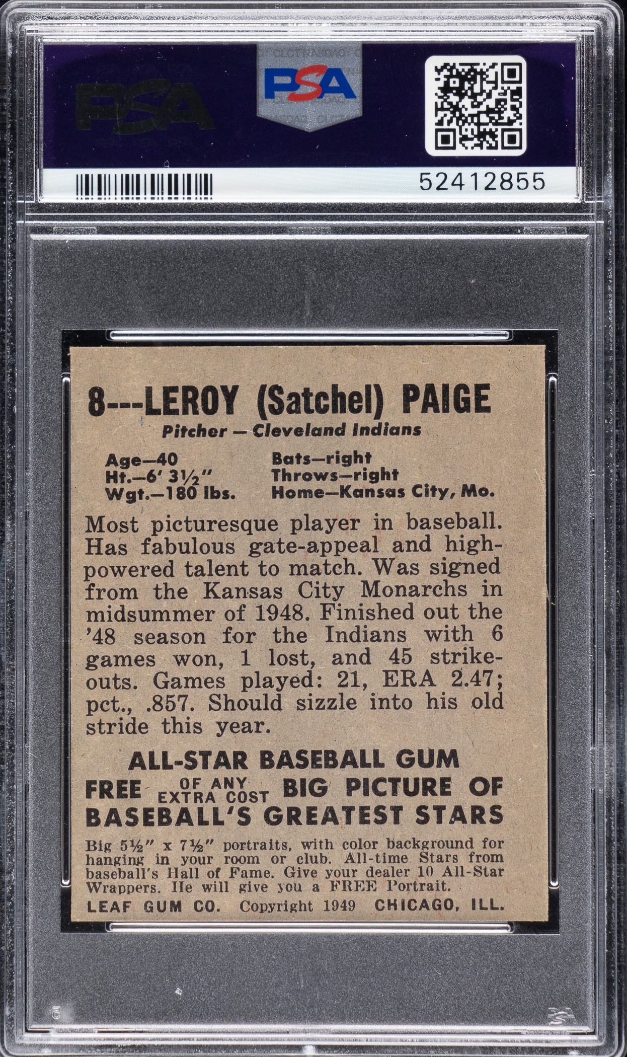 1948-1949 Leaf #8 Satchel Paige Rookie Short Print PSA FAIR 1.5 | REA ...