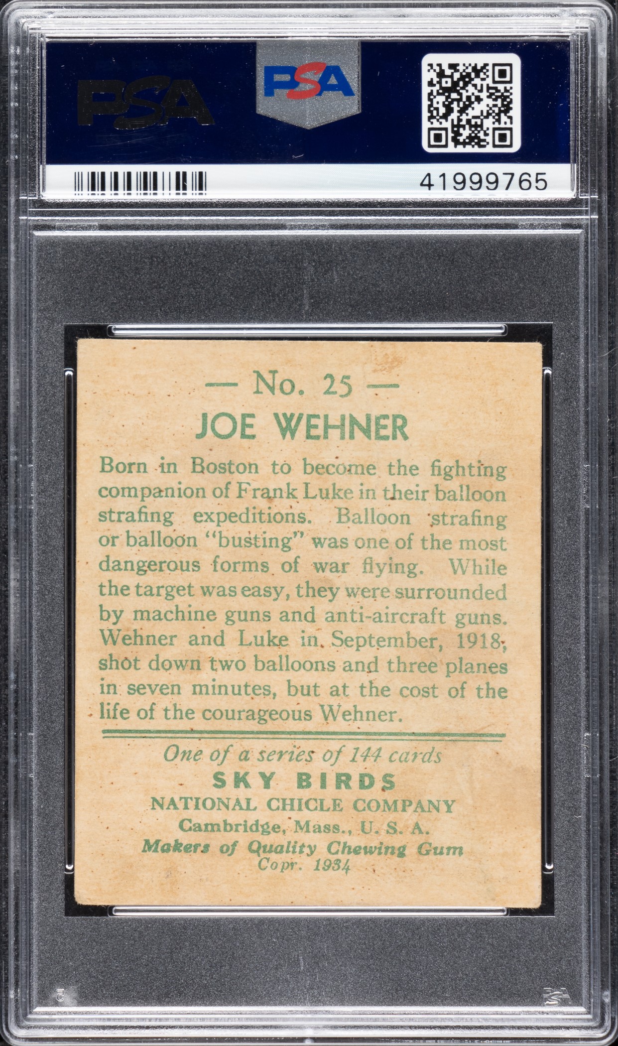 1934 R136 National Chicle "Sky Birds" #25 Lt. Joseph Wehner PSA VG-EX 4 ...
