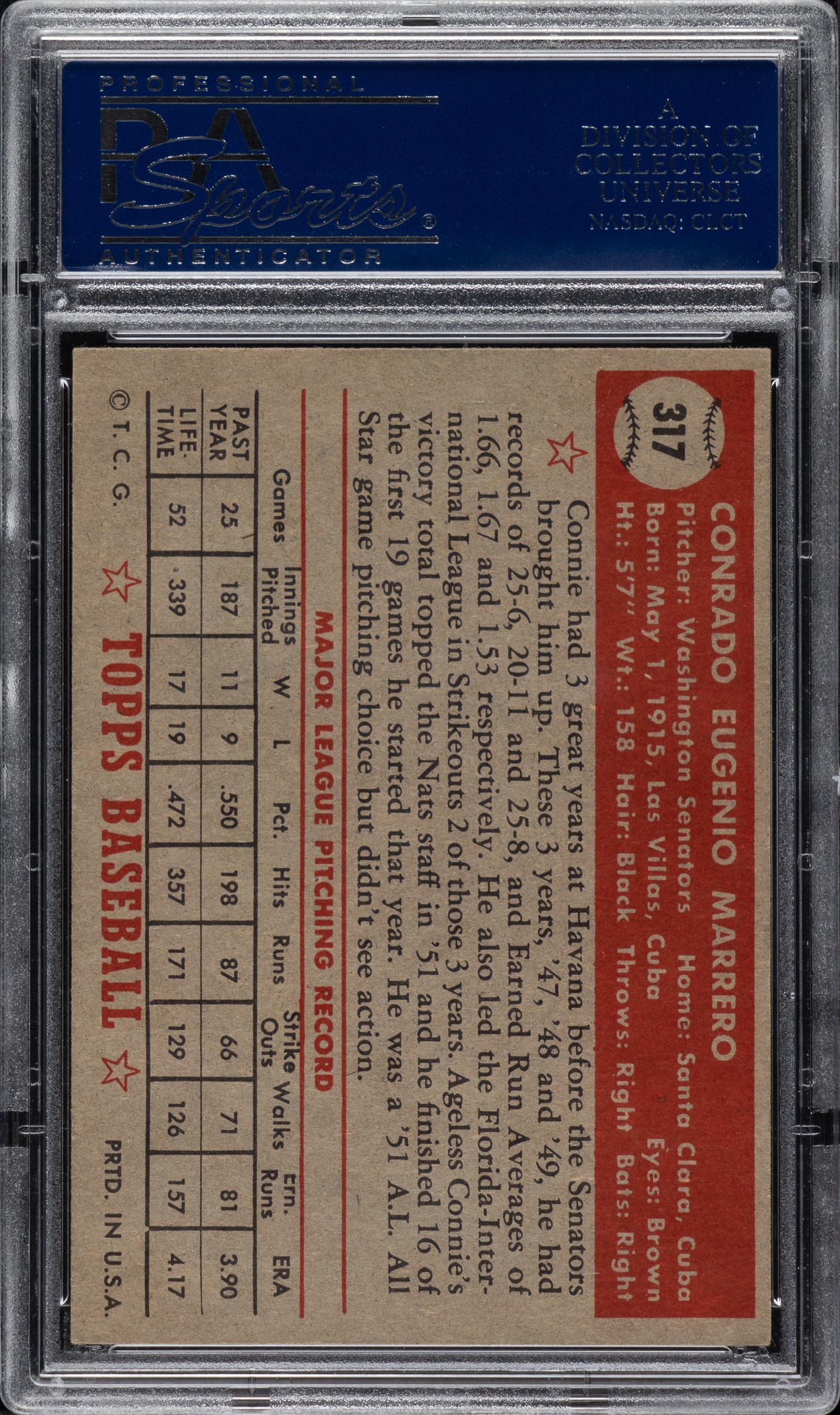 1952 Topps #317 Connie Marrero High Number PSA POOR 1 | REA Archive