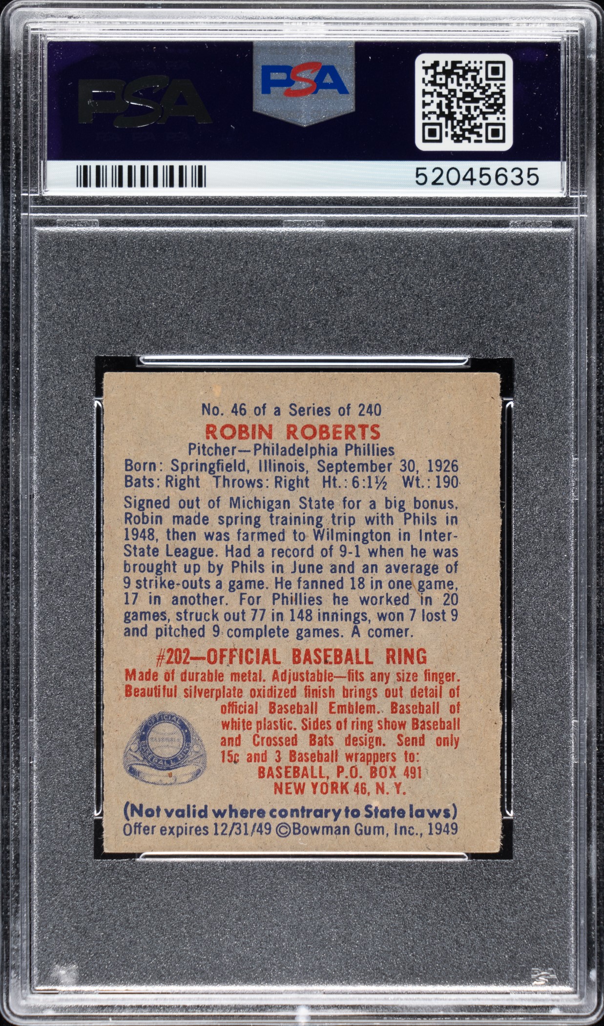 1949 Bowman #46 Robin Roberts PSA VG+ 3.5 | REA Archive