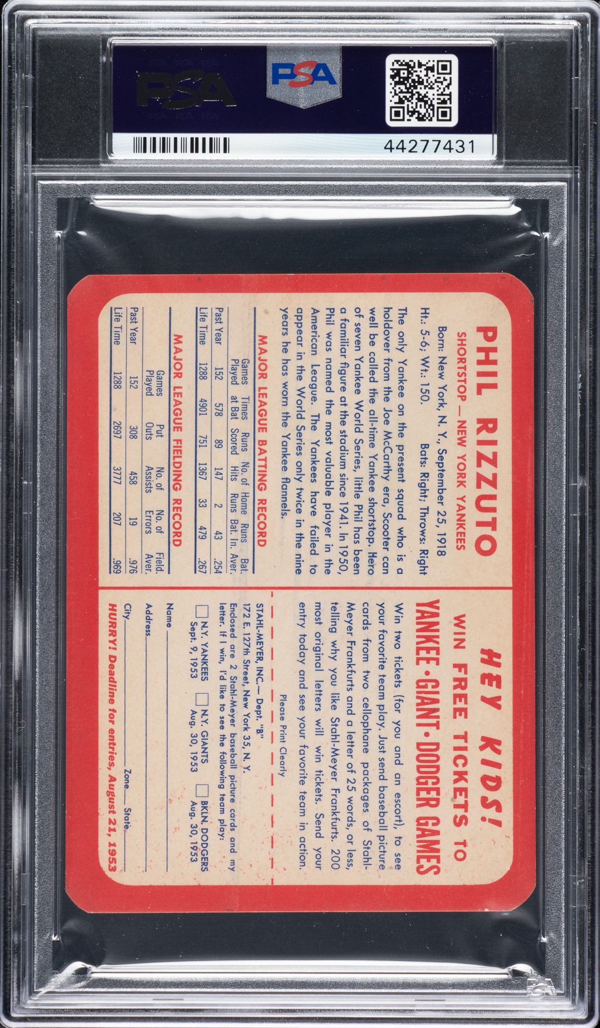 1953 Stahl-Meyer Franks Phil Rizzuto PSA NM-MT+ 8.5 | REA Archive