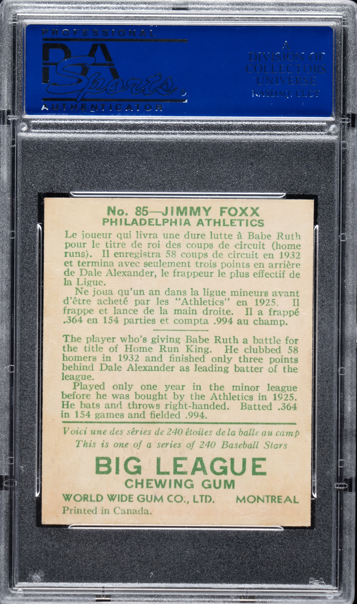 1933 V353 World Wide Gum Canadian Goudey #85 Jimmy Foxx PSA EX-MT 6 ...