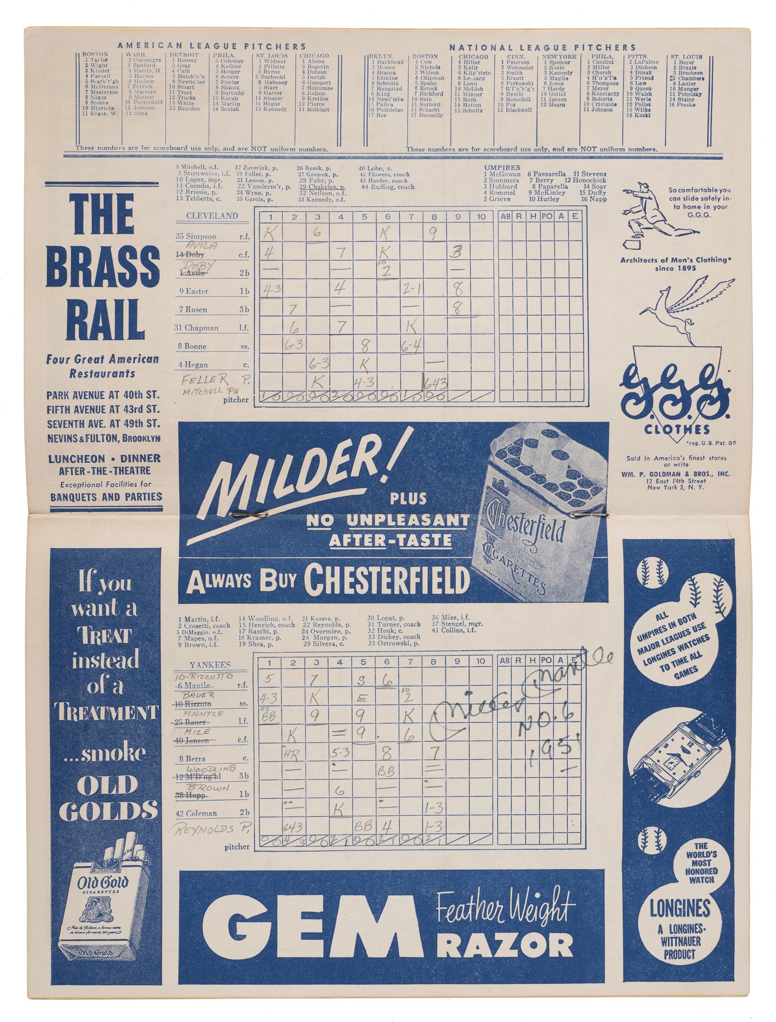 1951 New York Yankees (vs. Cleveland Indians) Program Signed by Mickey ...
