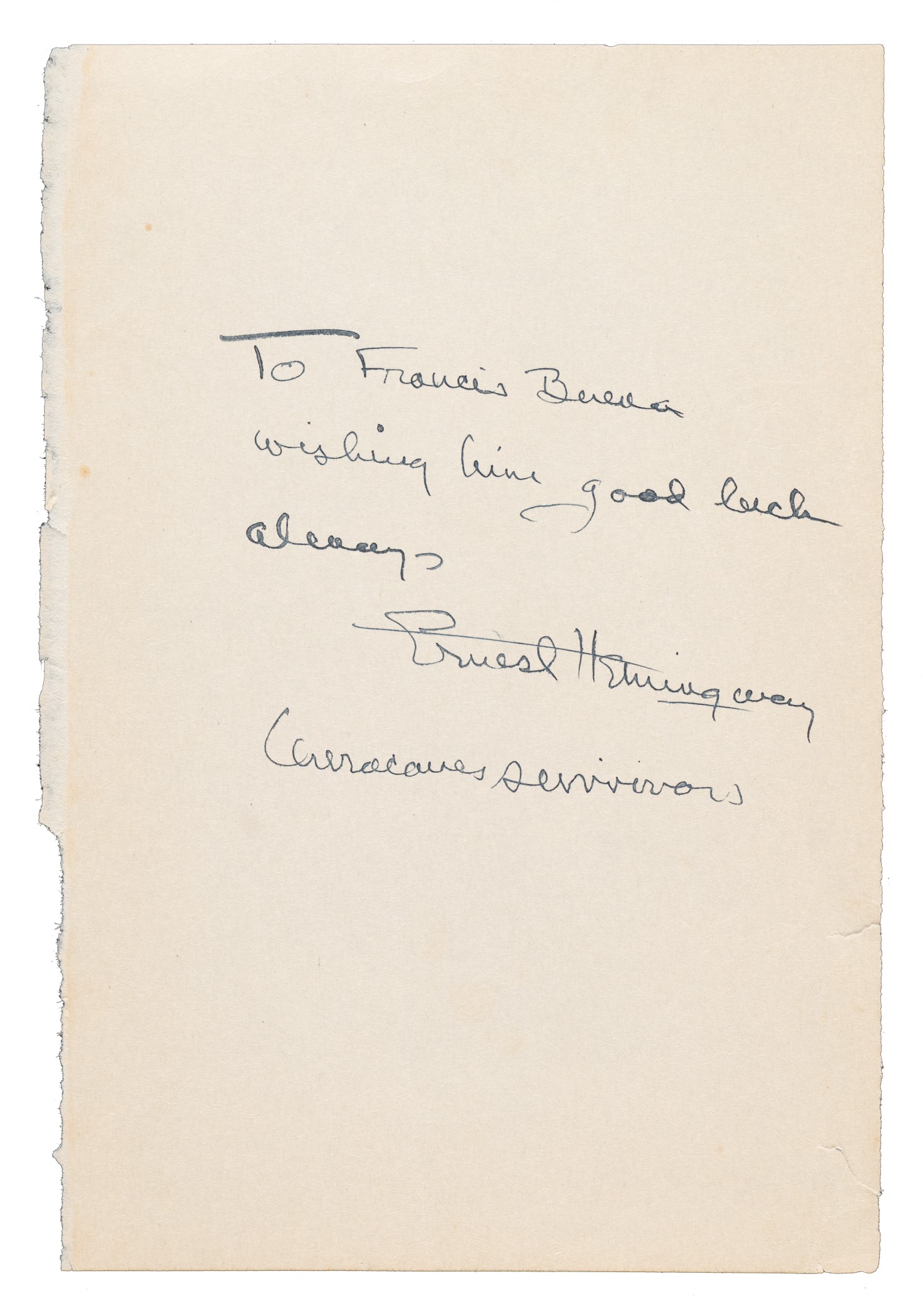 Ernest Hemingway Signed Handwritten Note - JSA | REA Archive