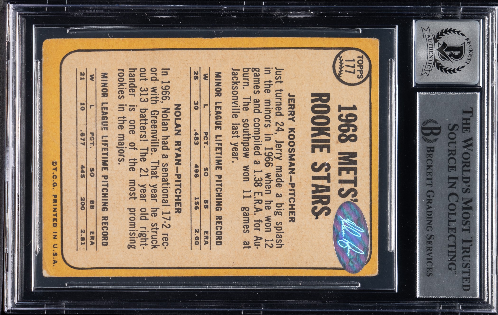 Signed 1968 Topps #177 Nolan Ryan Rookie BGS GEM MINT 10 Signature ...