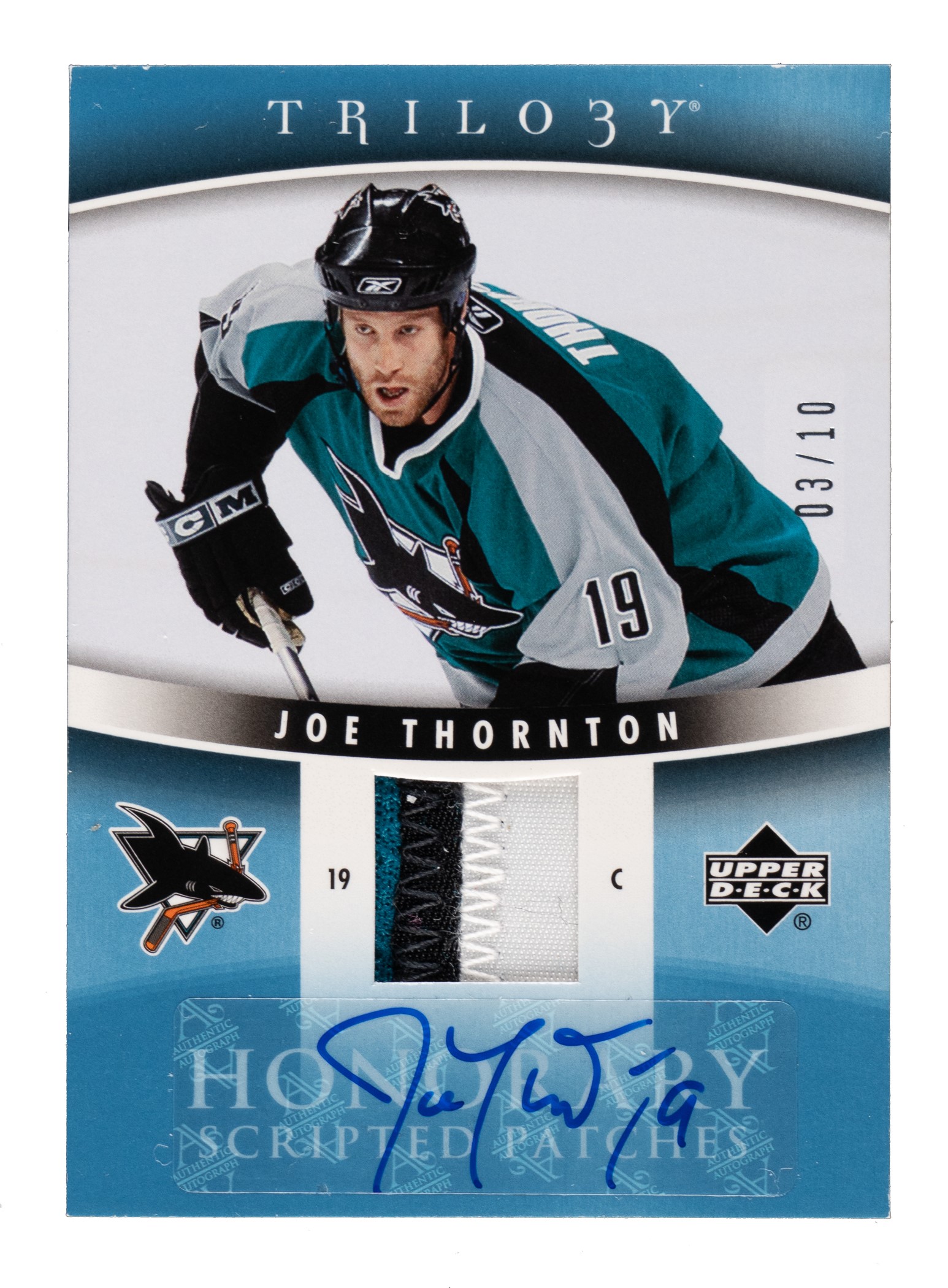 2006-2007 Upper Deck Trilogy Hockey Honorary Scripted Patches #HSP-JT Joe Thornton #3/10 | REA ...