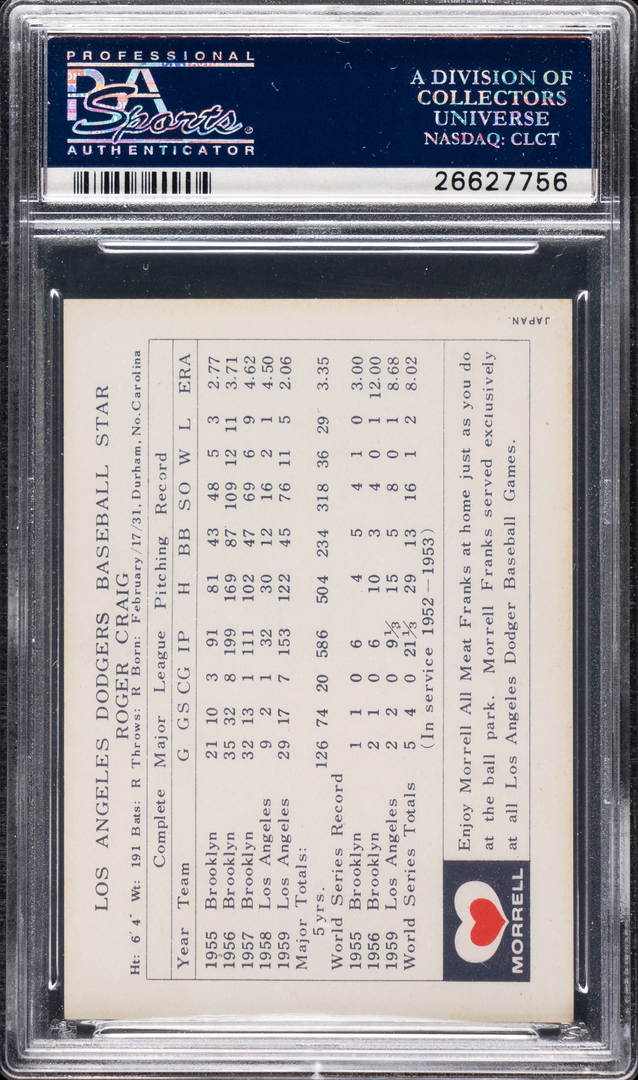 1960 Morrell Meats Dodgers Roger Craig PSA EX-MT+ 6.5 | REA Archive