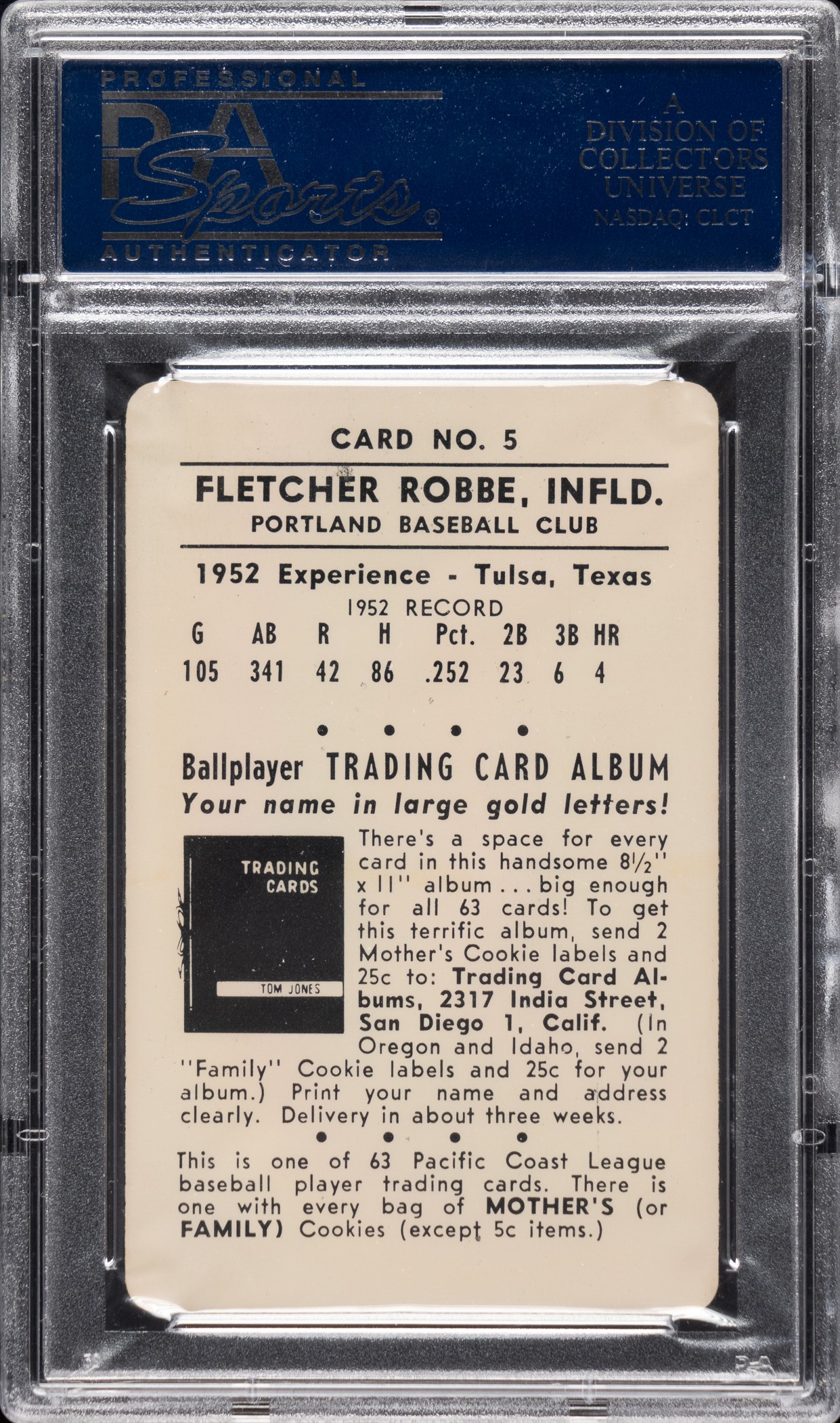 1953 Mother's Cookies #5 Fletcher Robbe PSA GEM MINT 10 | REA Archive