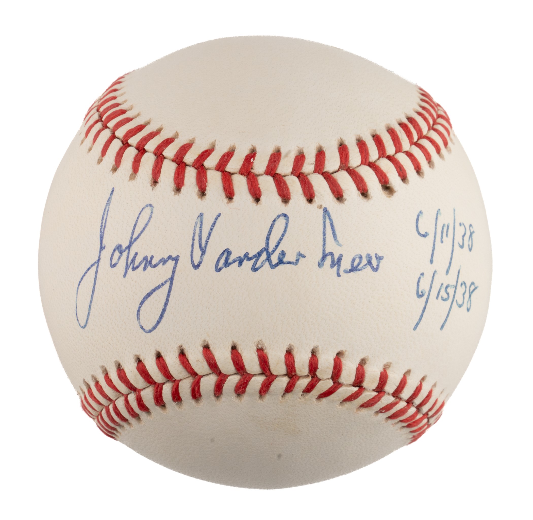 Johnny Vander Meer Single-Signed Baseball with "6/11/38" and "6/15/38 ...