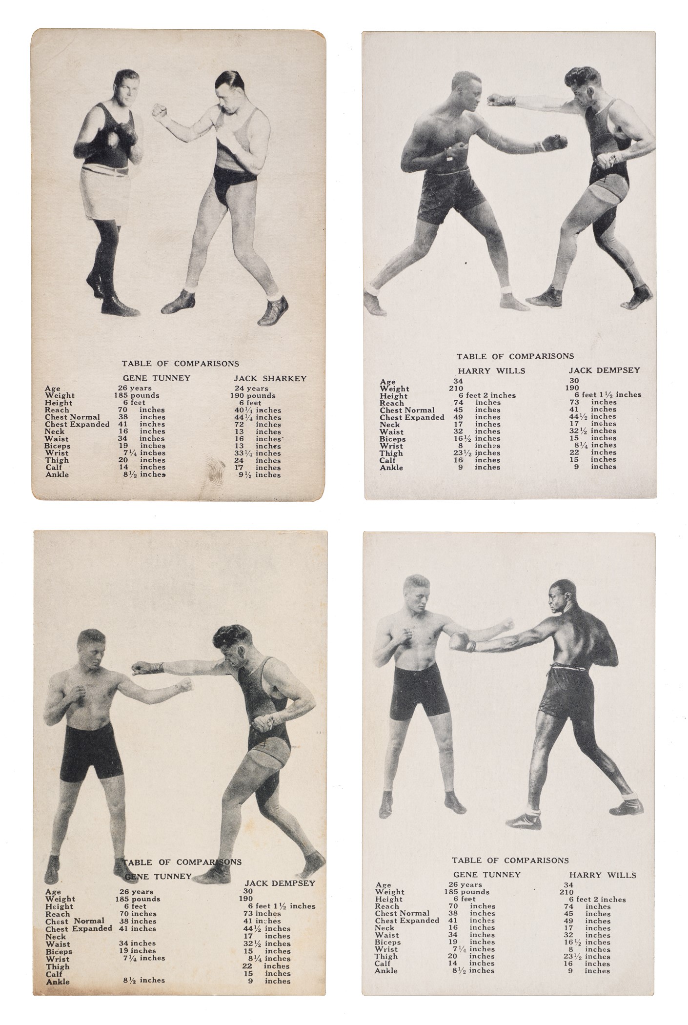 Circa 1920s Heavyweights Boxing Table of Comparisons Complete Set (4 ...