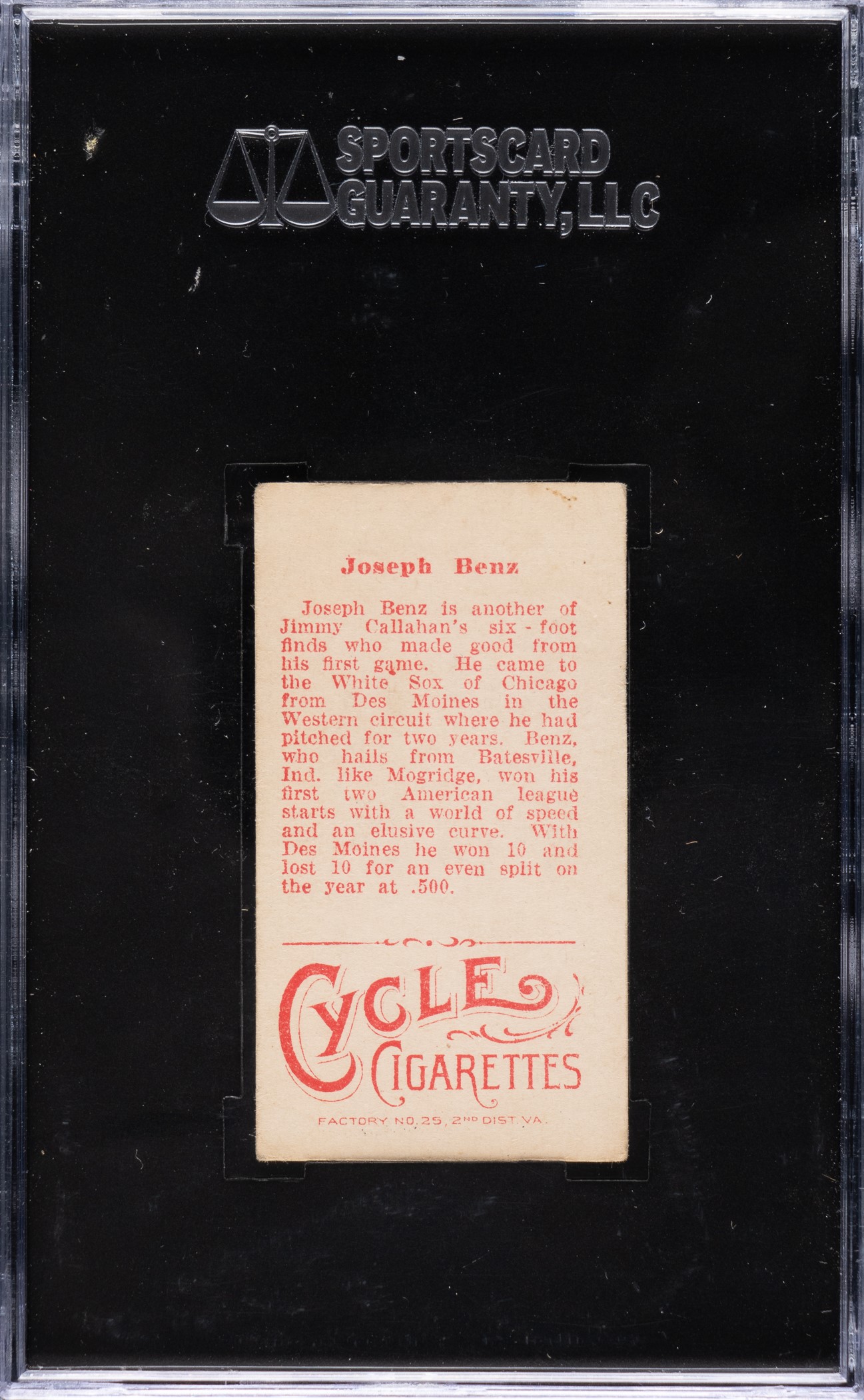 1912 T207 Brown Background Joseph Benz SGC VG 40 - Red Cycle Back | REA ...