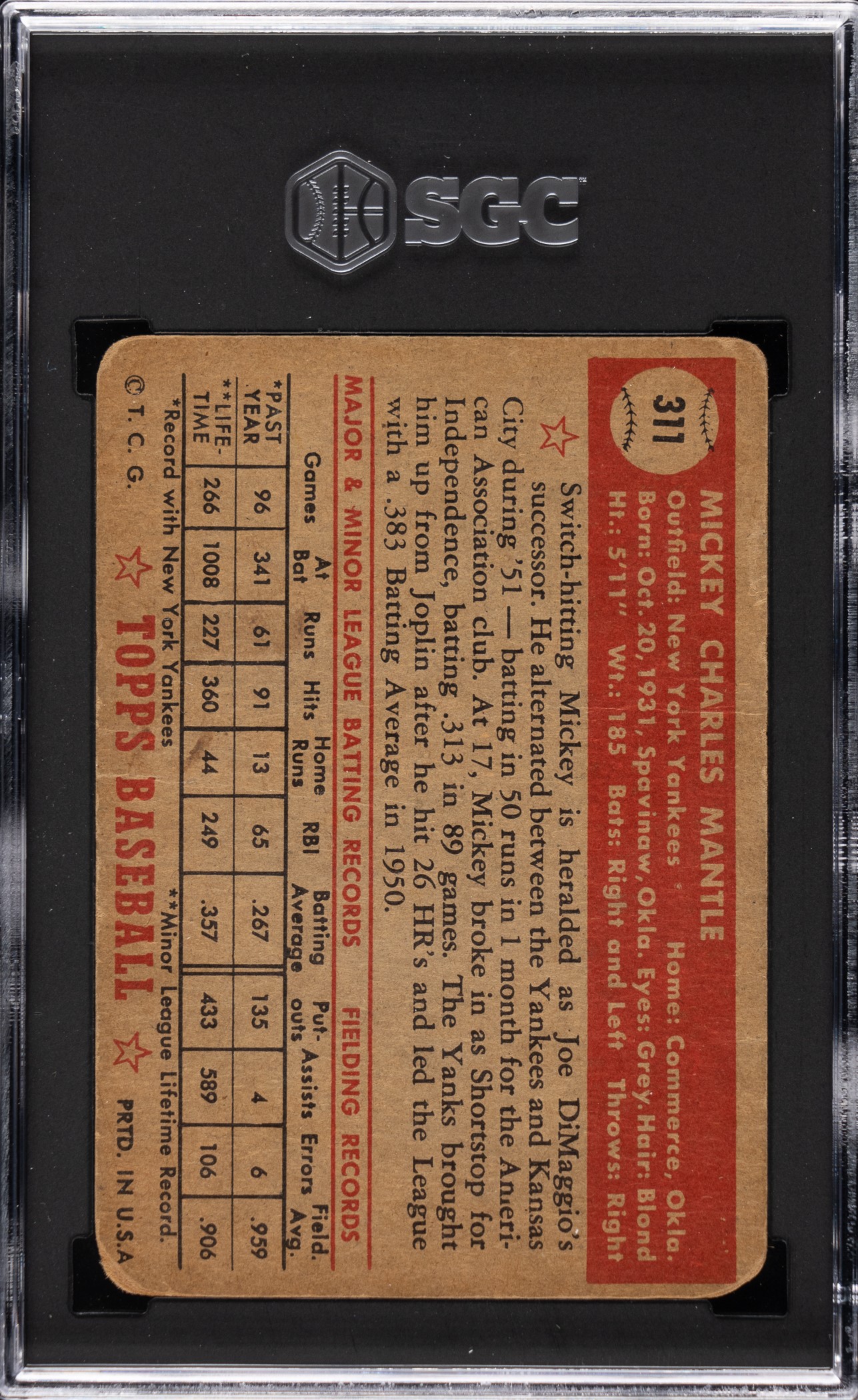 1952 Topps #311 Mickey Mantle SGC GOOD 2 | REA Archive