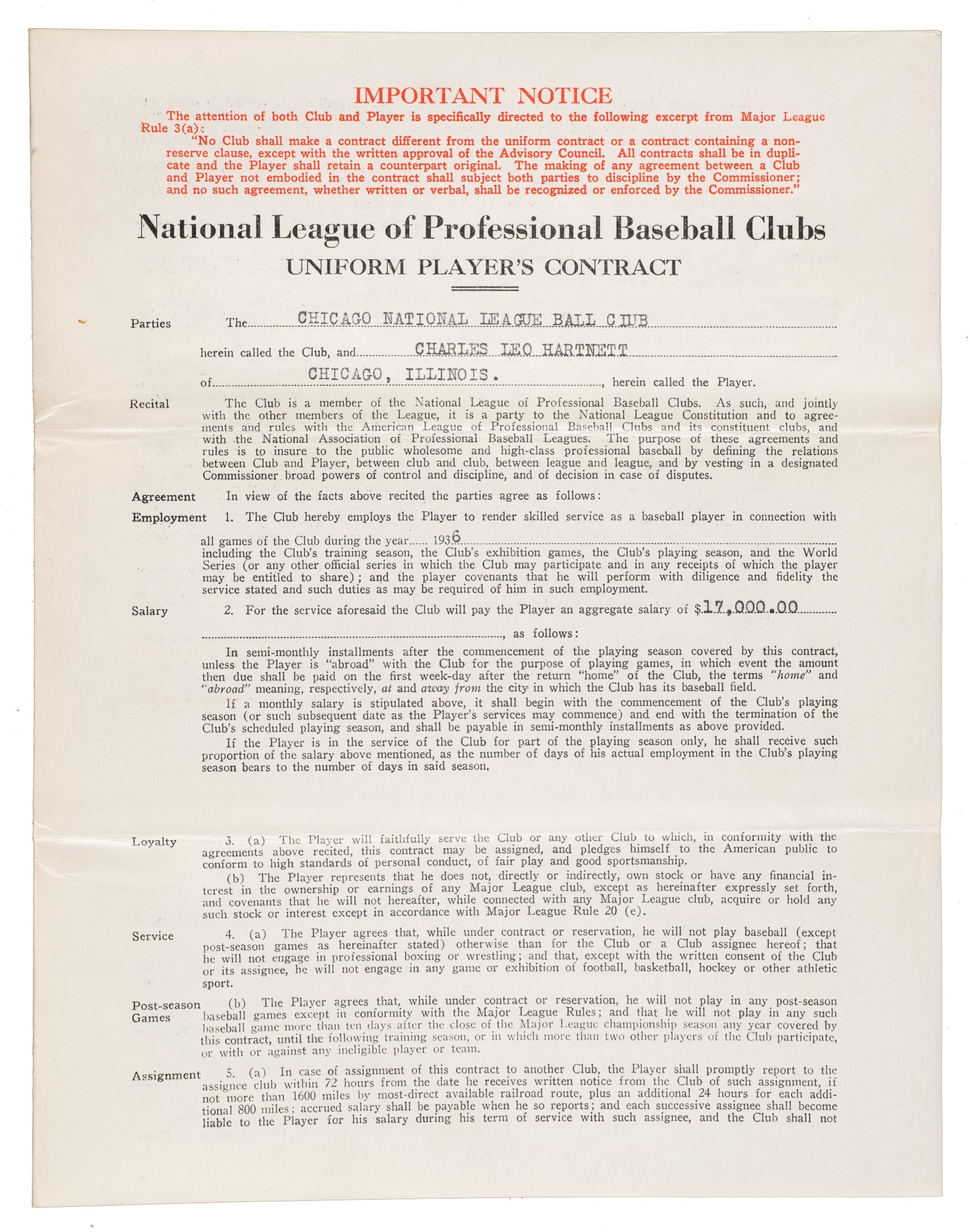 1936 Gabby Hartnett Chicago Cubs Contract | REA Archive