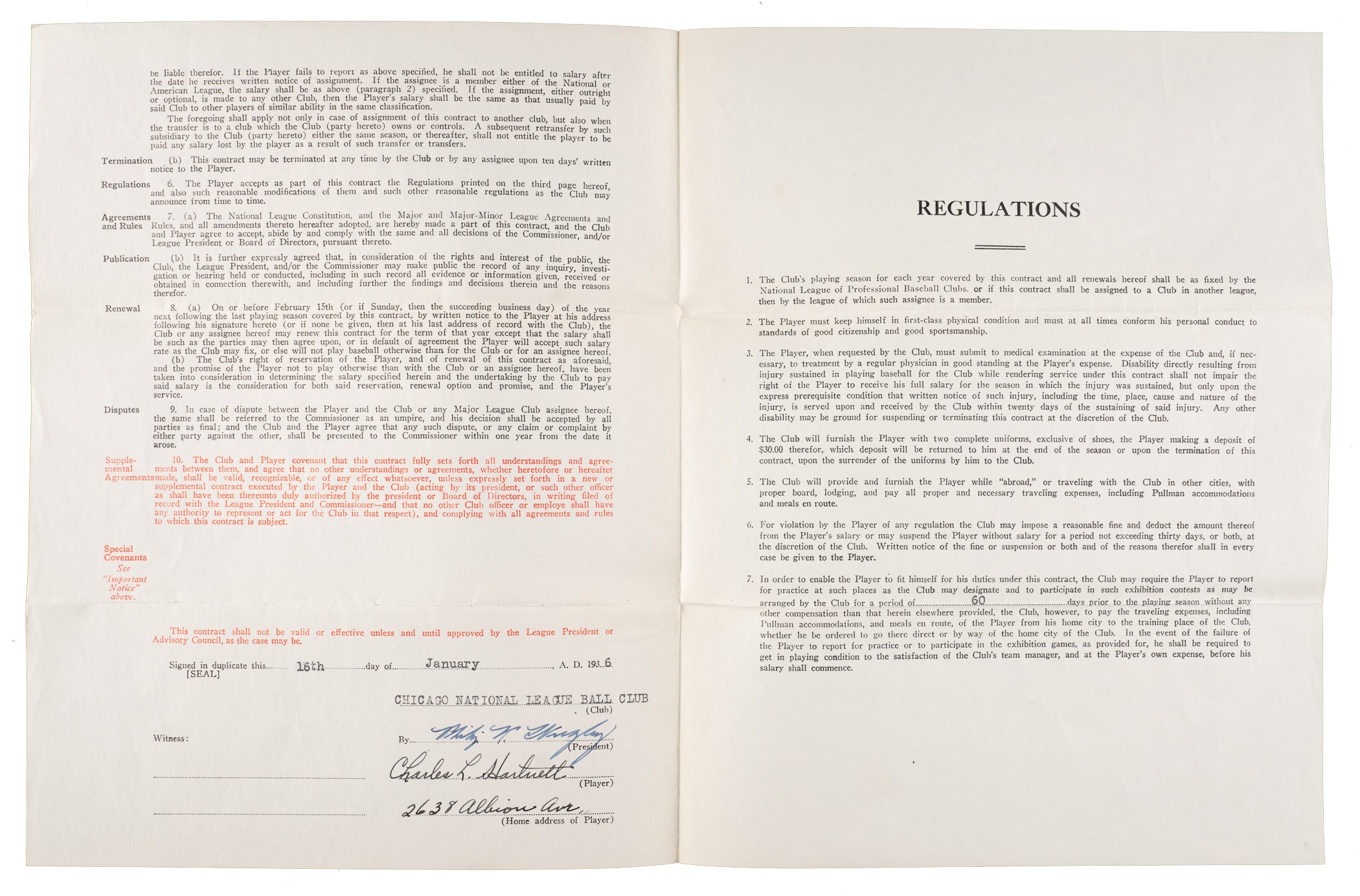 1936 Gabby Hartnett Chicago Cubs Contract | REA Archive