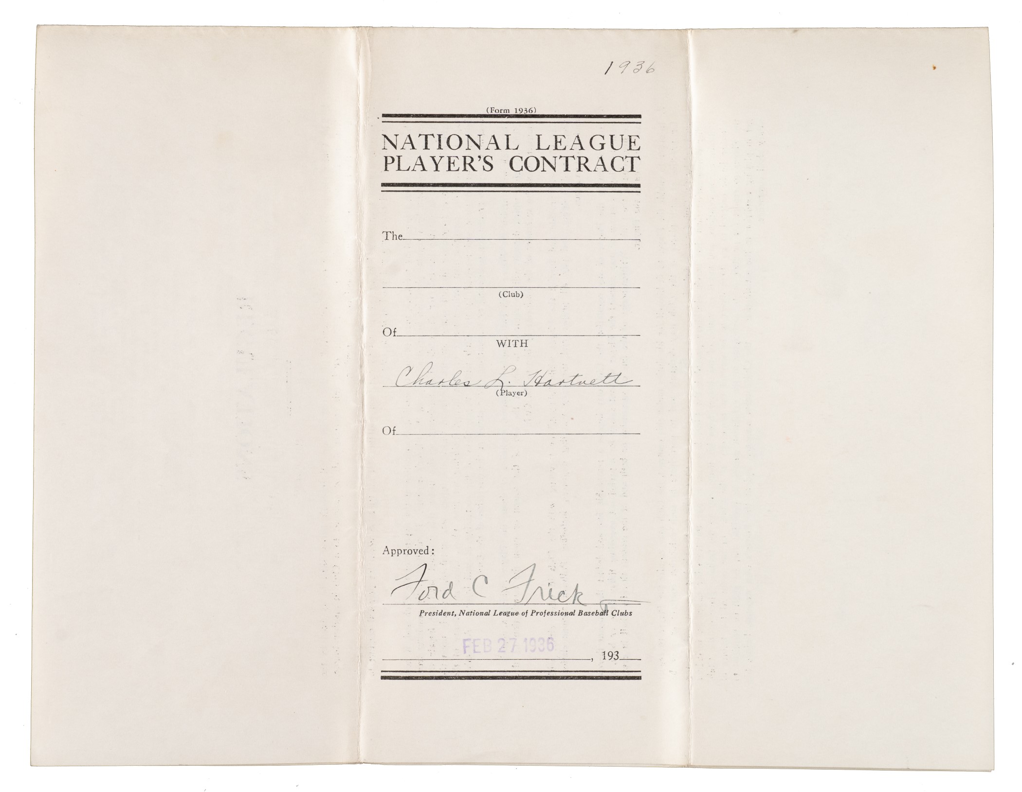 1936 Gabby Hartnett Chicago Cubs Contract | REA Archive