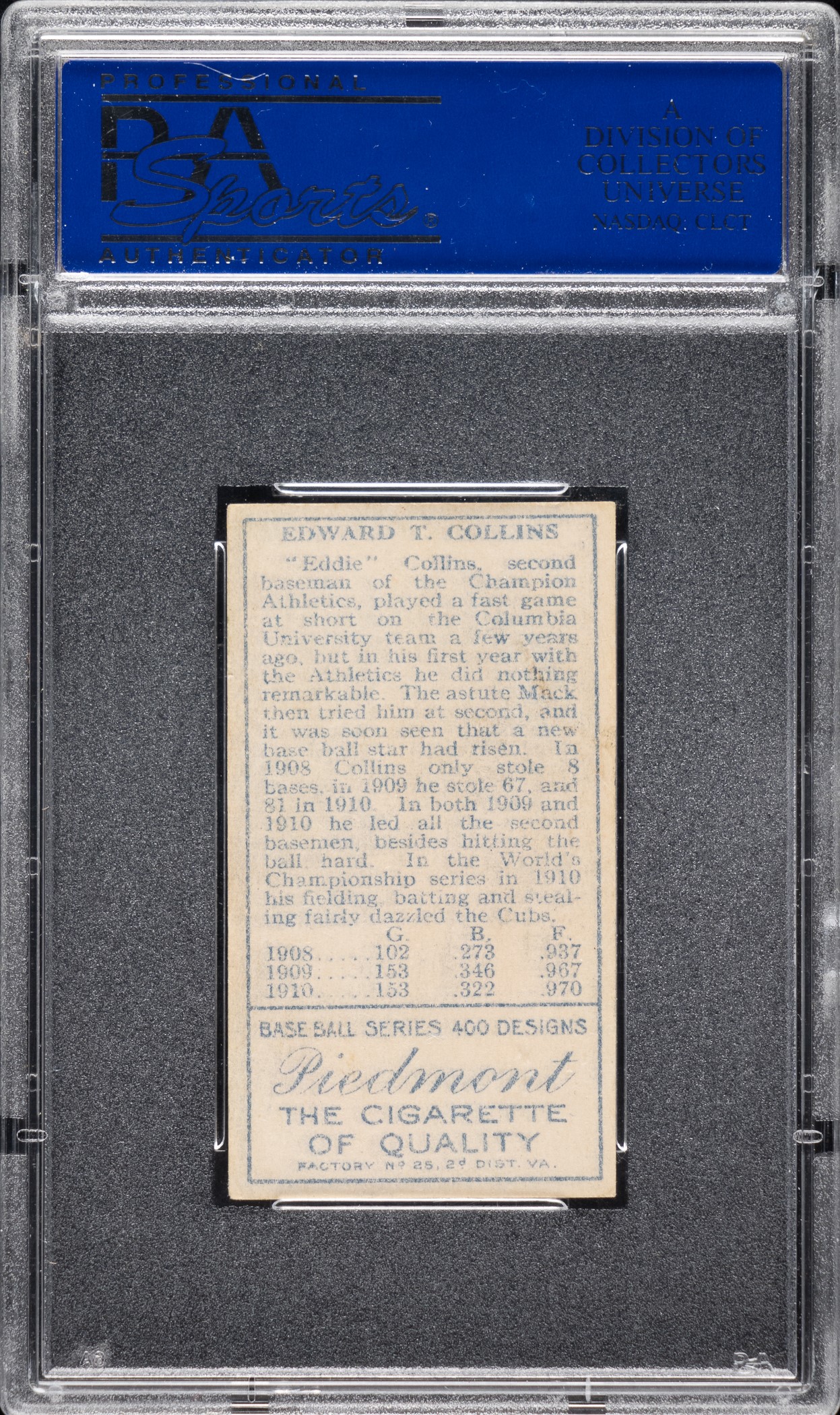 1911 T205 Gold Border Eddie Collins Mouth Open PSA EX 5 | REA Archive