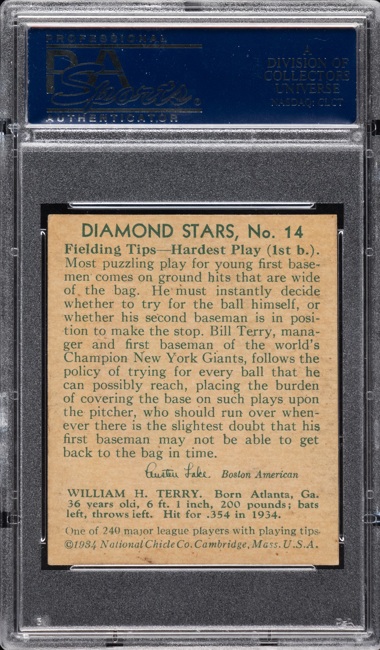 1934-1936 R327 Diamond Stars #14 Bill Terry (1935 Green Back) PSA NM 7 ...