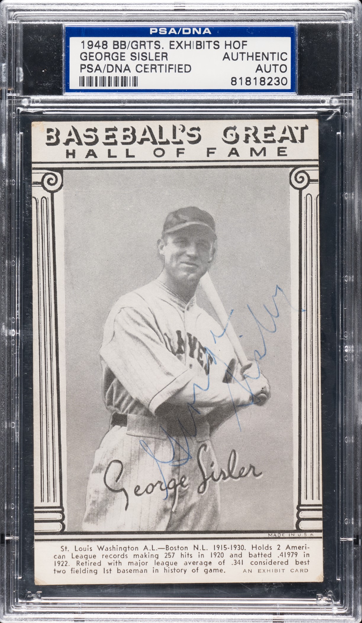Signed 1948 W464 Baseball's Great Hall of Fame Exhibits George Sisler ...