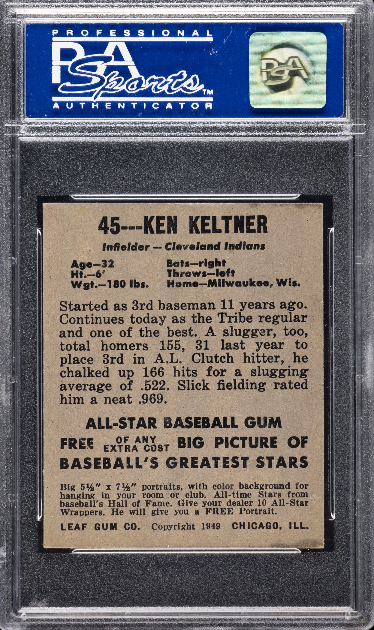 1948-1949 Leaf #45 Ken Keltner Short Print PSA NM 7 | REA Archive