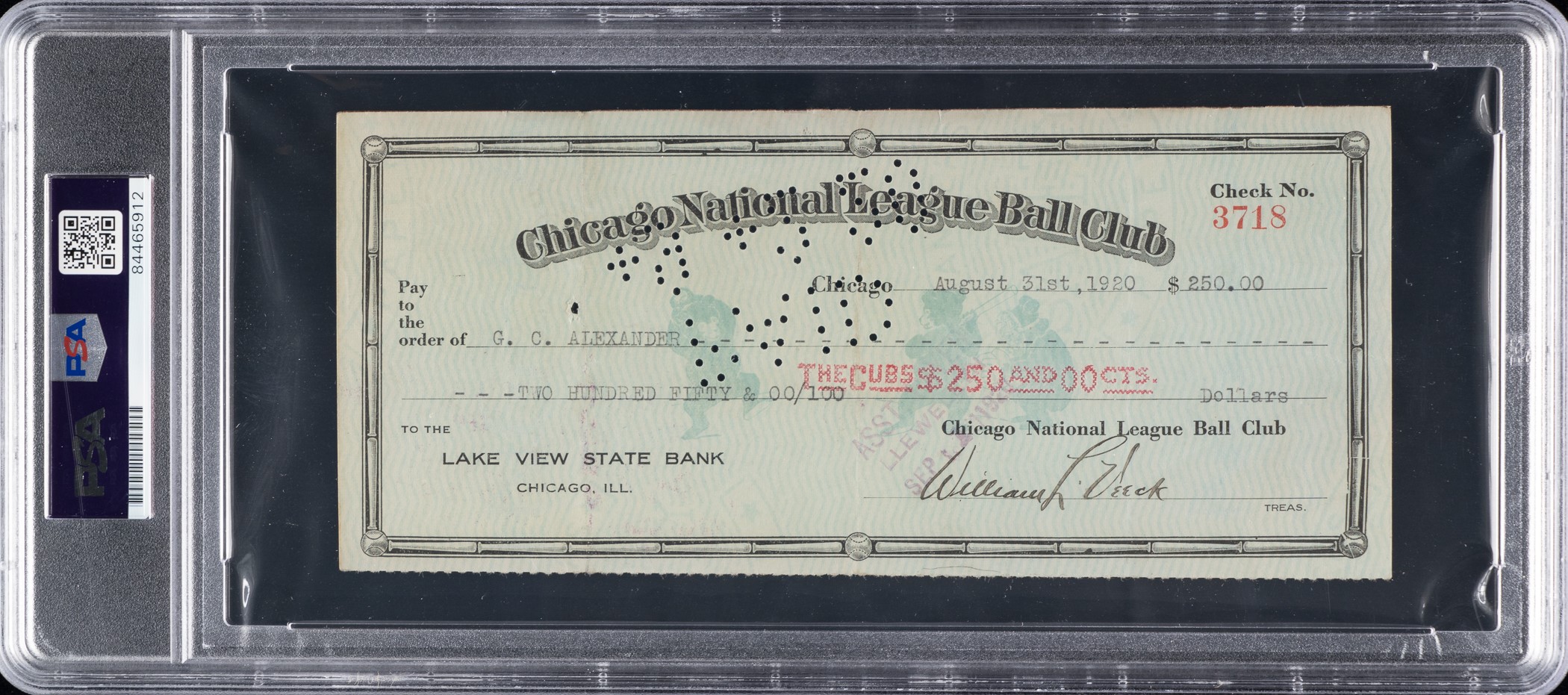 1920 Grover Alexander Endorsed Chicago Cubs Payroll Check - PSA/DNA ...