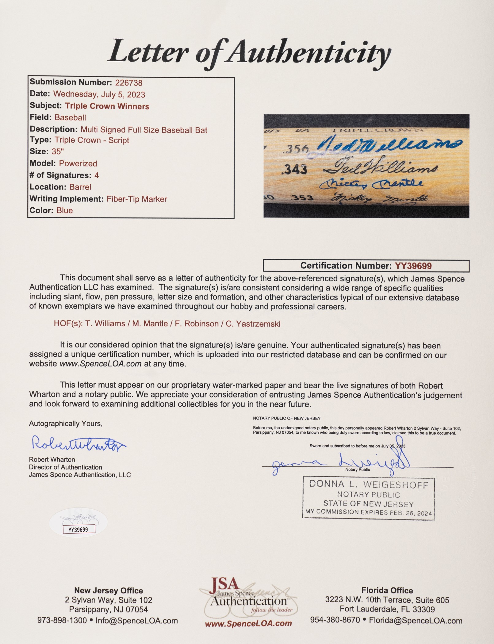 Triple Crown Winners Signed Bat - Mantle, Williams, Robinson, and ...