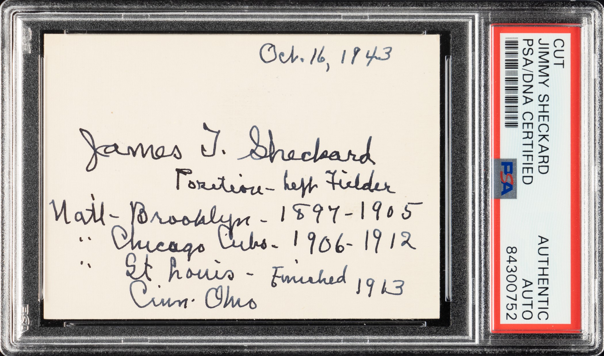 1943 James T. "Jimmy" Sheckard Cut Signature - Member of 1906 Chicago ...