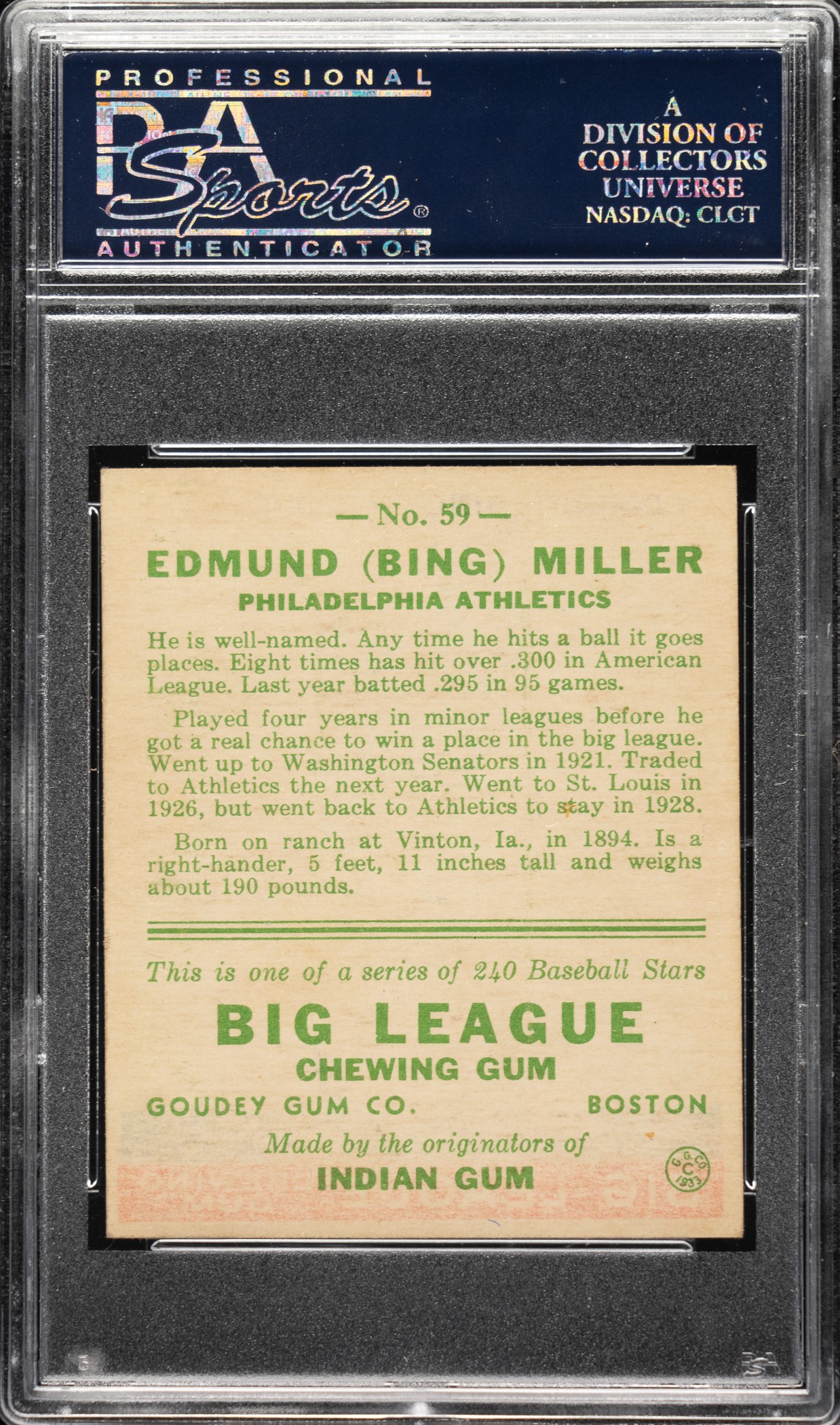 1933 R319 Goudey #59 Bing Miller PSA EX 5 | REA Archive