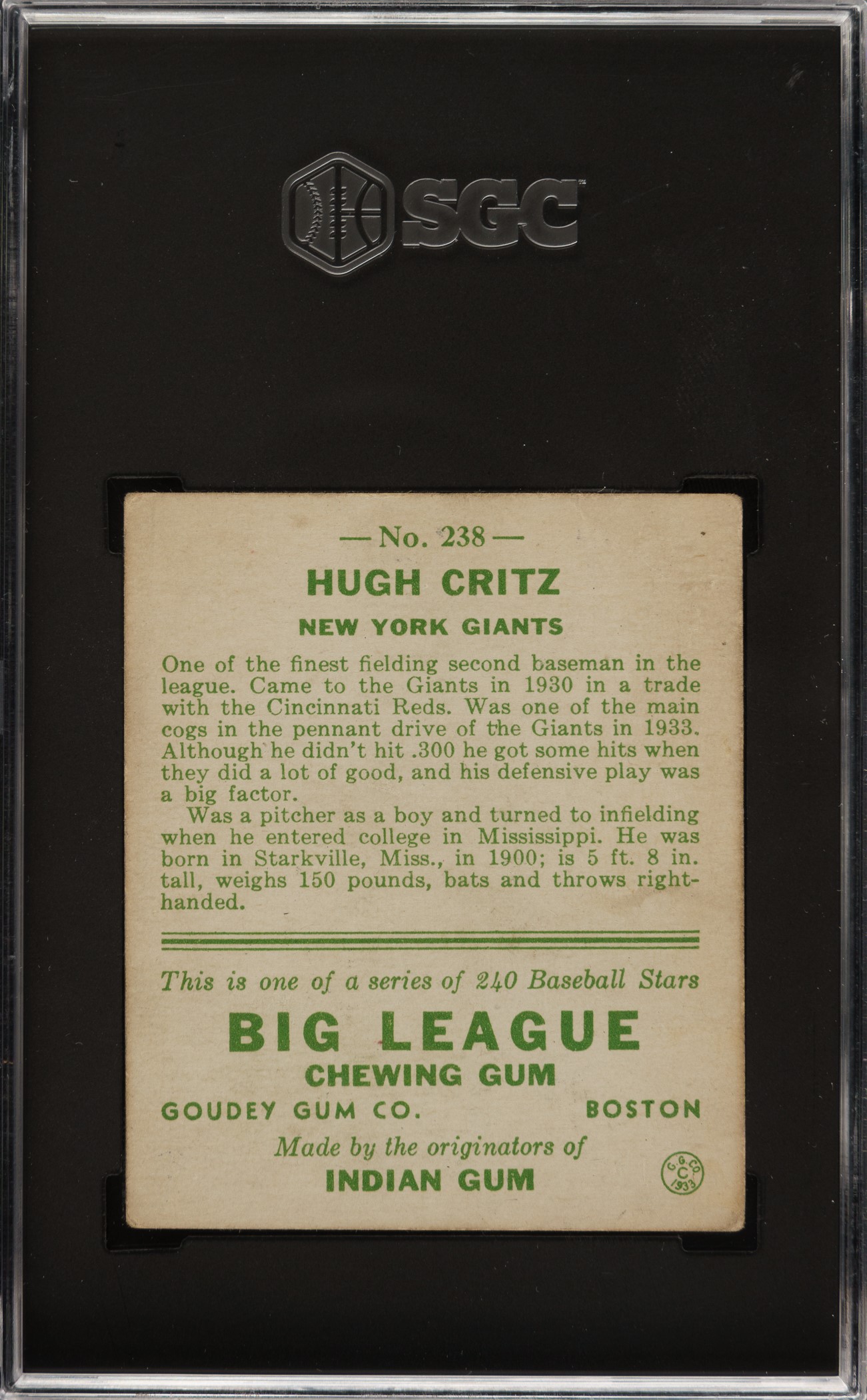 1933 R319 Goudey #238 Hugh Critz SGC VG/EX 4 | REA Archive
