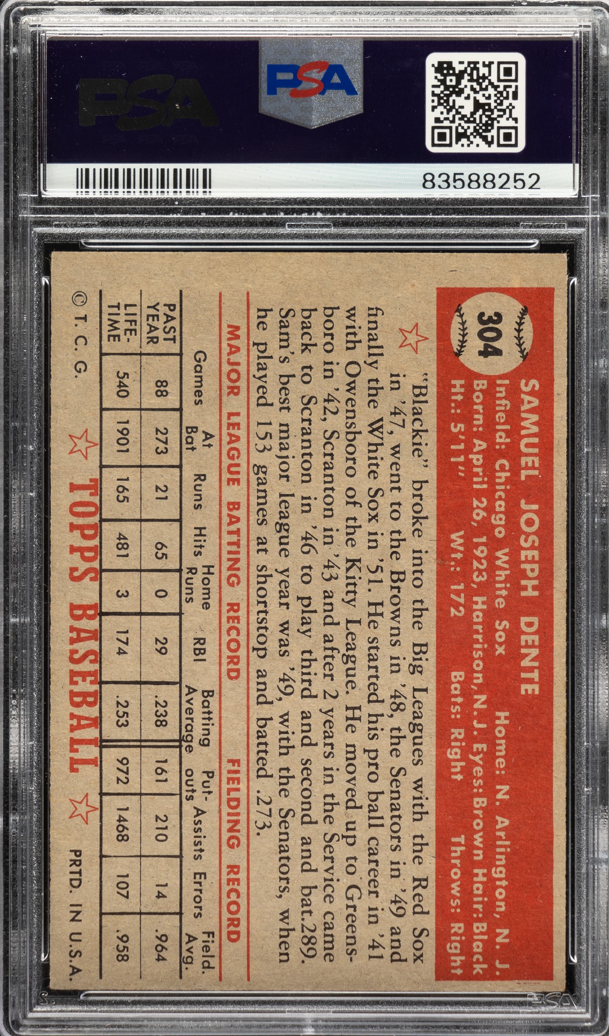 1952 Topps #304 Sam Dente PSA EX-MT 6 | REA Archive